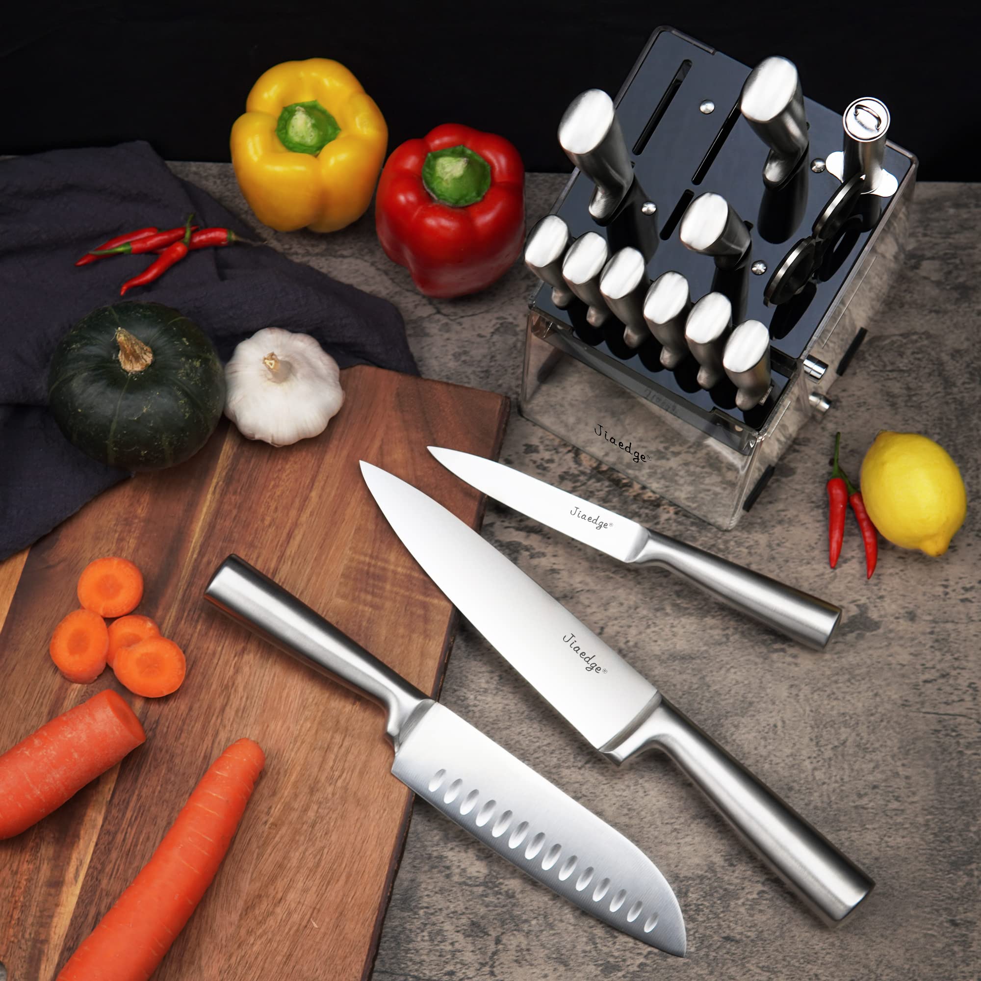 Knife Set, Jiaedae 15 Pieces Stainless Steel Knife Block Set with Acrylic Stand, Knife Sets for Kitchen with Block, Knife Set with Clear Block, Dishwasher Safe, Silver