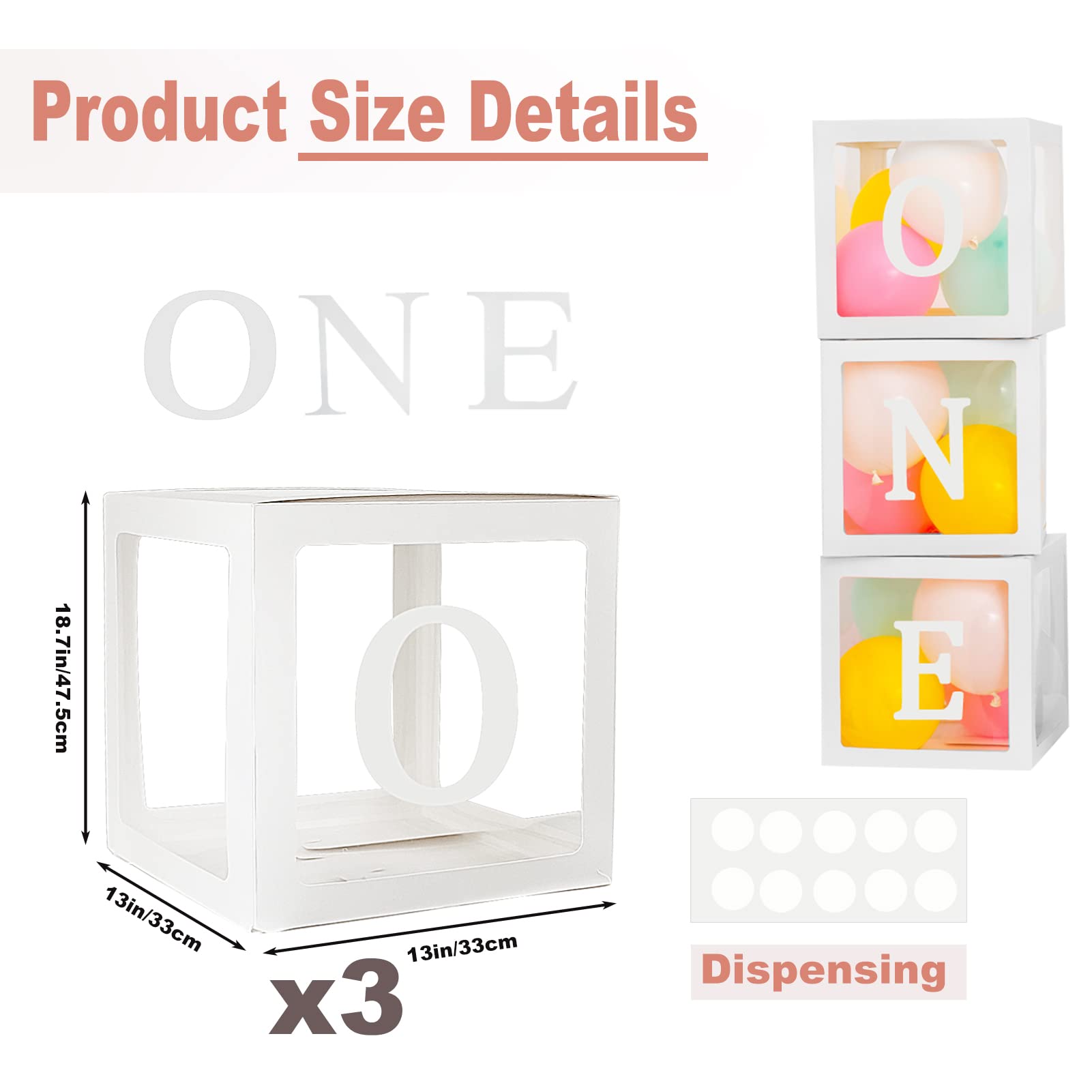 First Birthday Balloons Boxes for Boy or Girl 'ONE' Letters Individual Three White Transparent Square Boxes Baby 1st Birthday Party Decorations Backdrop Photo Shoot Prop