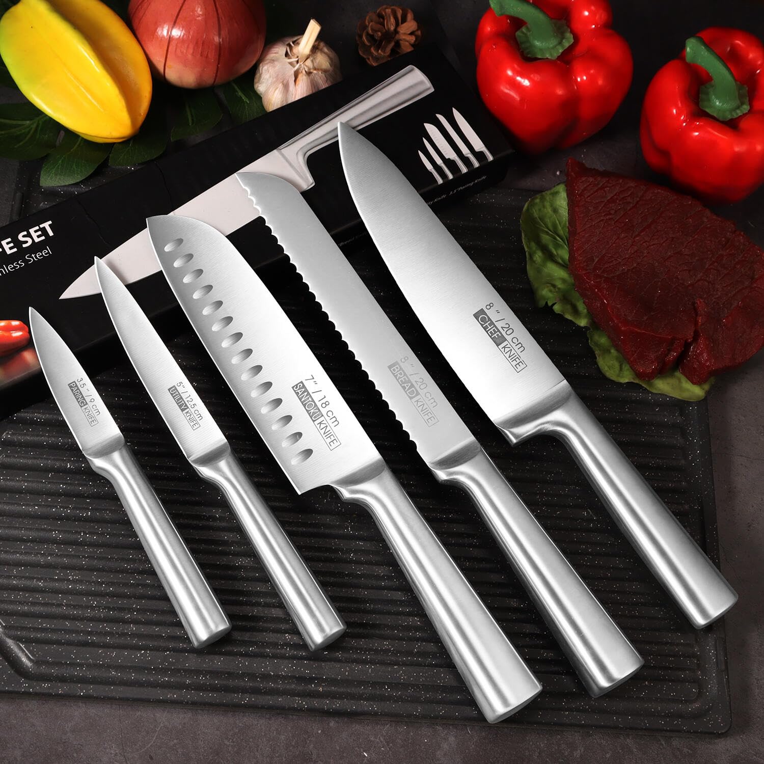 KOFERY 5 Piece Professional Kitchen Knife Set, Integrated Ergonomic Handle with High Carbon Stainless Steel Blades - Sharp Chef Knife Set for Multipurpose Cooking, Gift Box Included