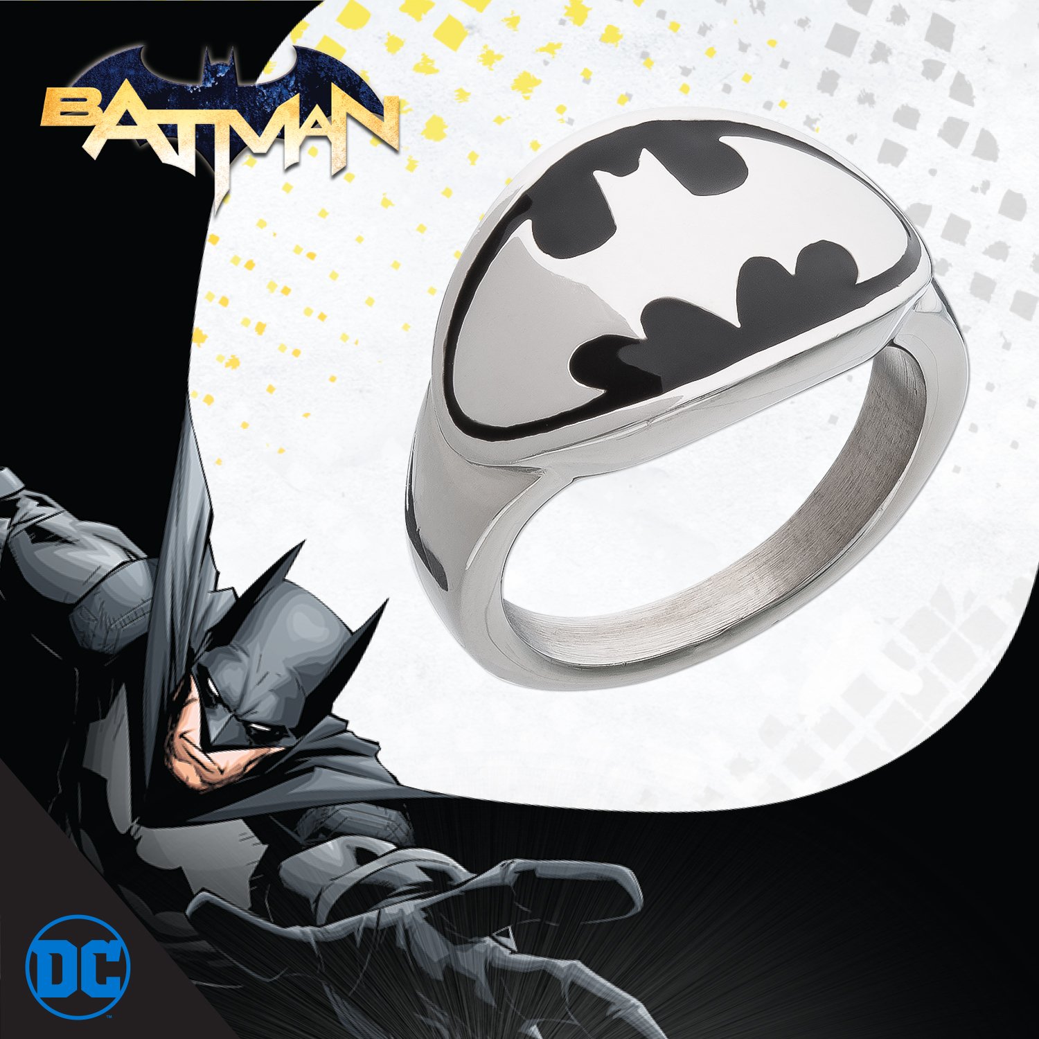 DC Comics Mens Stainless Steel Justice League Superhero Logo Ring Jewelry, Batman Black, Size 10
