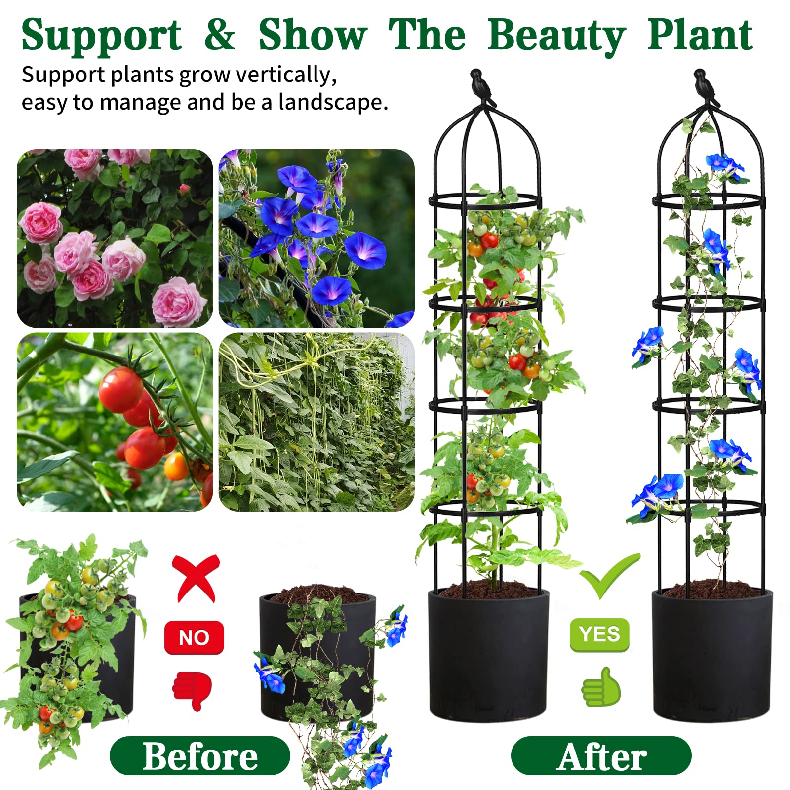 Garden Obelisk Trellis for Climbing Plants Outdoor, 6 Ft Tall Tower Tomato,Rose, Flowers, Grape, Pea, Cucumber Trellis, Rustproof Plastic Coated Metal Plant Support Trellis for Potted Plants (1)