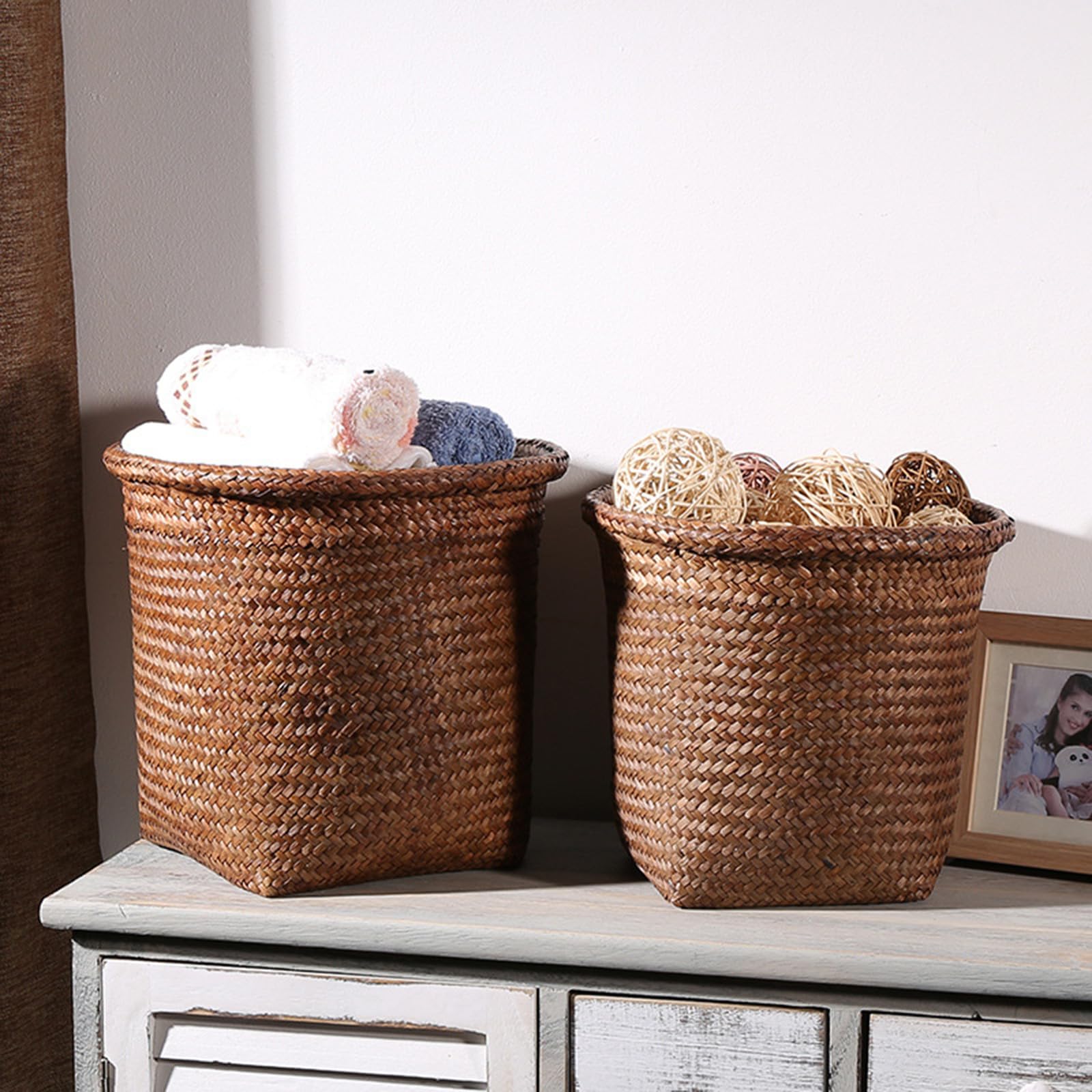 LuxeOne Bamboo Woven Trash Can, Bamboo Waste Basket Woven Storage Basket Bamboo Garbage Can Bamboo Clothes Basket for Bedroom, Bathroom, Kitchen, Office (Brown)
