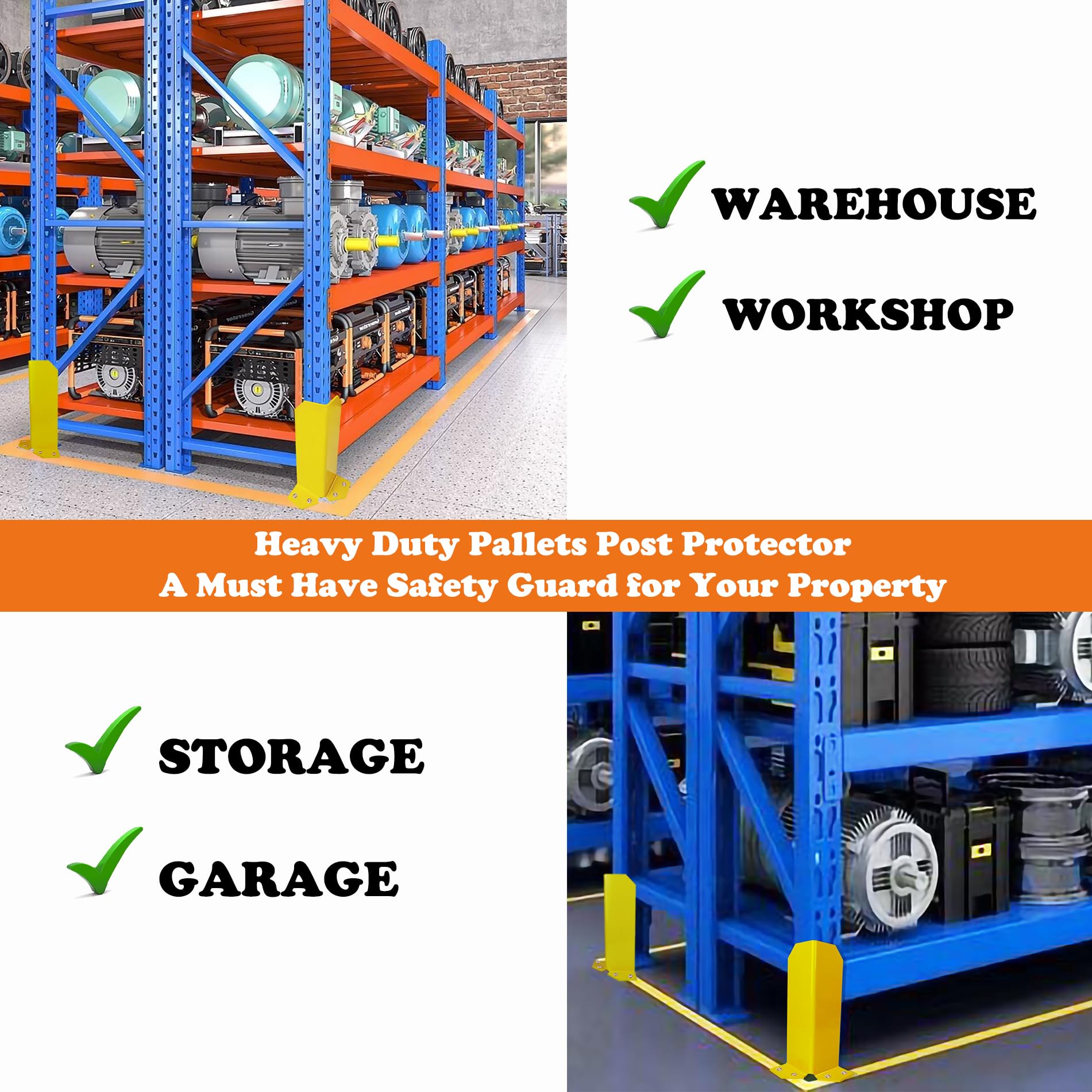 Pallet Rack Post Protectors 12" Height Steel Pallet Rack Guard, Safety Yellow Pallet Edge Protectors (2 Packs)