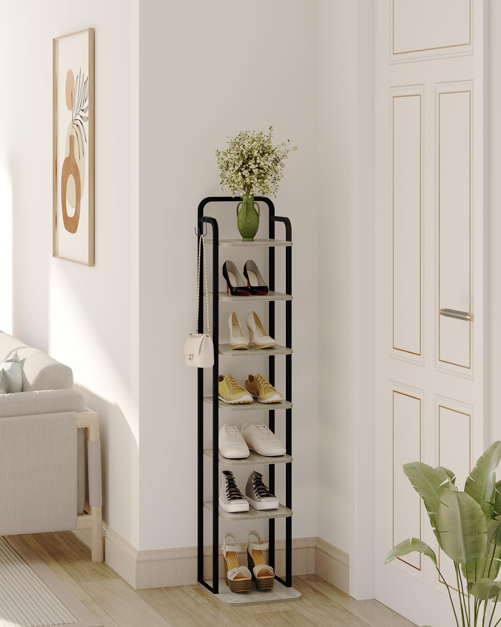 Hzuaneri Vertical Shoe Rack, Shoe Shelves, Wood Shoe Organizer for Closet, Entryway, Shoe Tower for Small Spaces, Free Standing, Adjustable, with 2 Hooks, 7 Tier Greige SR20205B