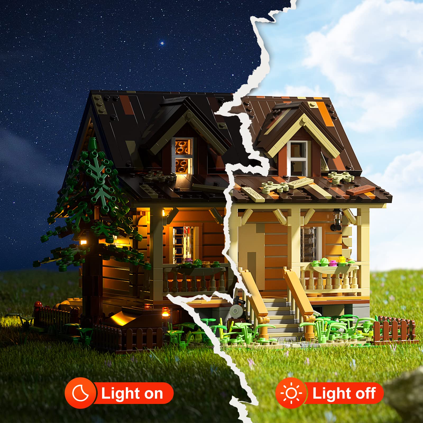 FUNWHOLE Lighting Building Bricks Set - Wood Cabin and Ocean Adventure Ship Construction Model Set for Adults and Teen