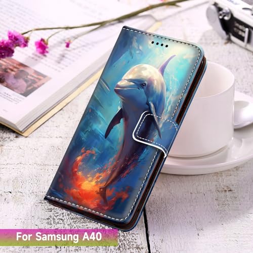 Elgzigok Wallet Case Suitable for Samsung Galaxy A40 with Dolphin-aa424 Pattern TPU Multiple Card Slots Protective Case with Magnetic Buckle