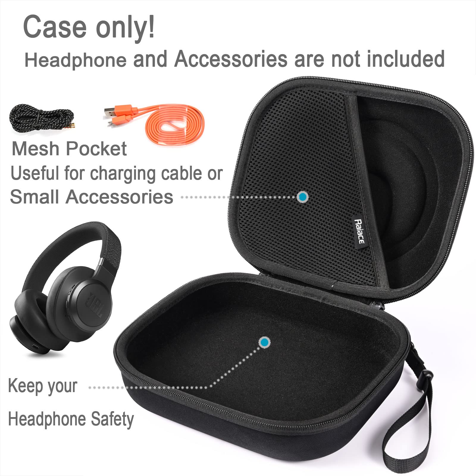 RAIACE Hard Travel Case for JBL Tune 710BT /JBL Live 650BTNC/ 400BT / 500BT and JBL Tune 510BT / 500BT / 660 BTNC/Bluetooth Headphone.-Black(Black Lining)