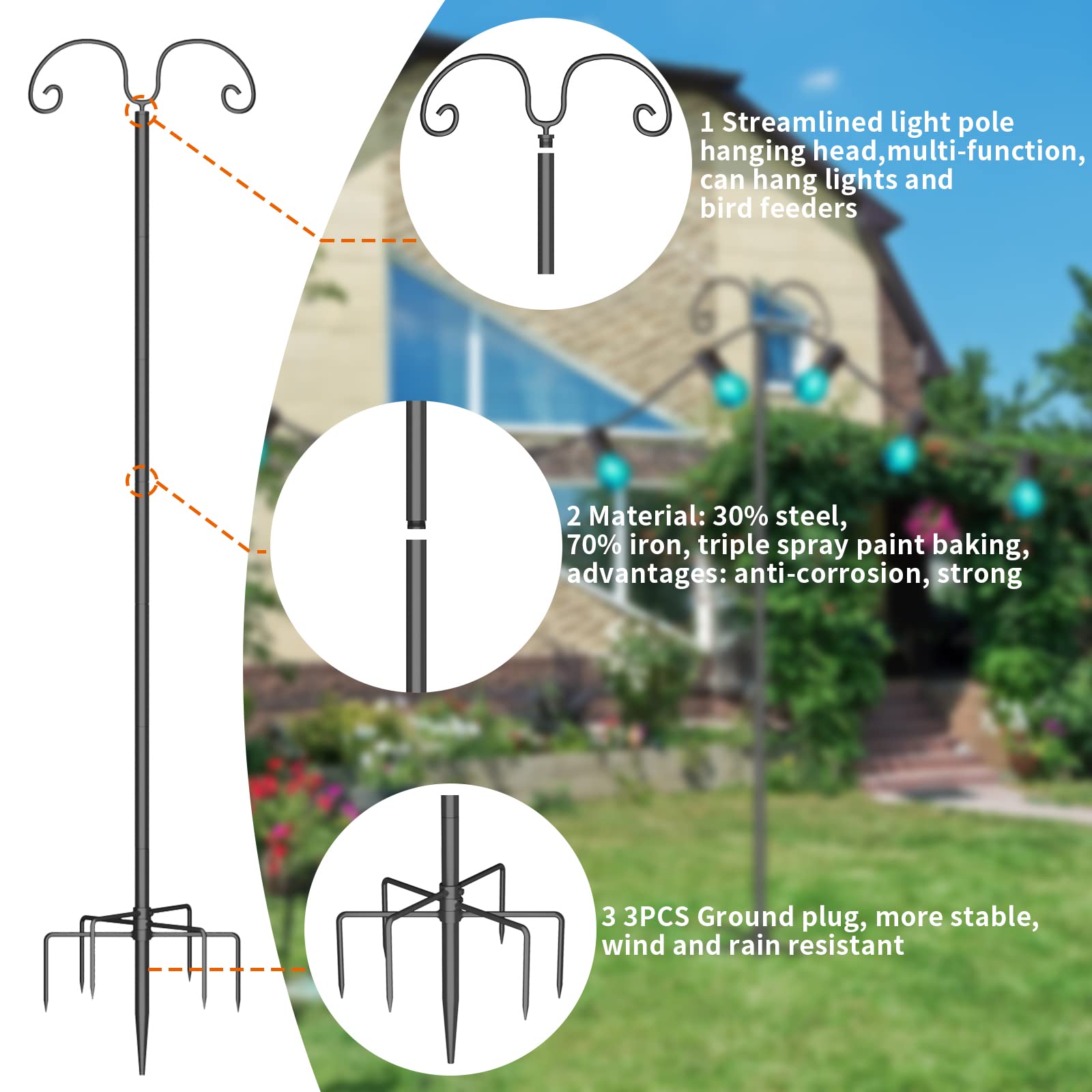 FEIERYA String Light Poles for Outdoor 2 Packs, Double Shepherd Hooks for Outdoor, Heavy Duty Christmas Light Pole, 10ft Bird Feeding Station, 2 Hooks Bird Feeder Stand (Black)
