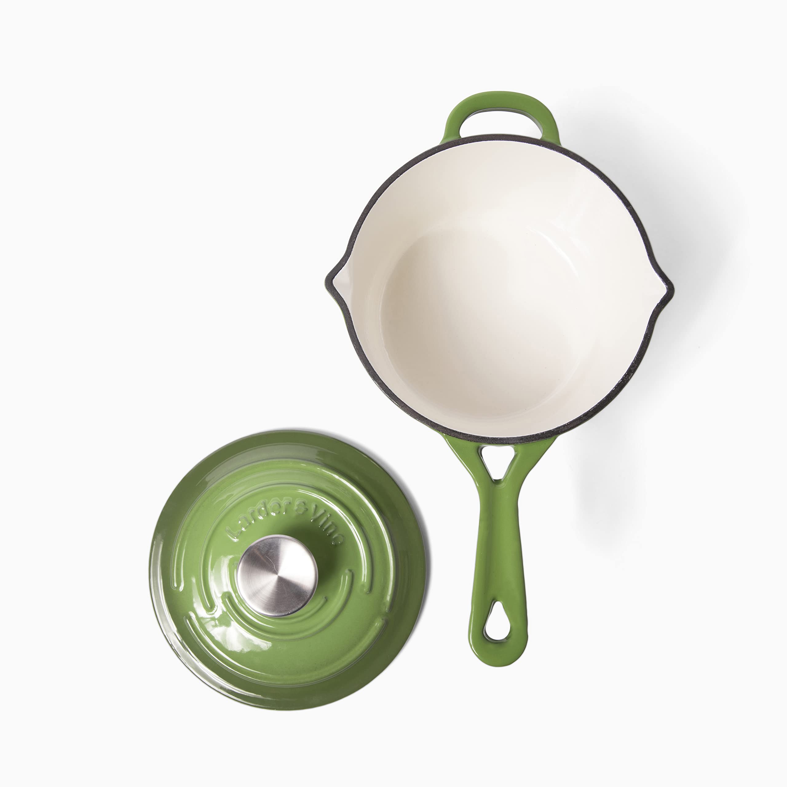 Larder & Vine 2.2 Quart Enameled Cast Iron Saucepan with Lid, Cast Iron Pan with Pour Spouts, Ergonomic Handle, Helper Handle, Stainless Steel Knob, Self-Basting Lid with Drip Bumps (Okra)