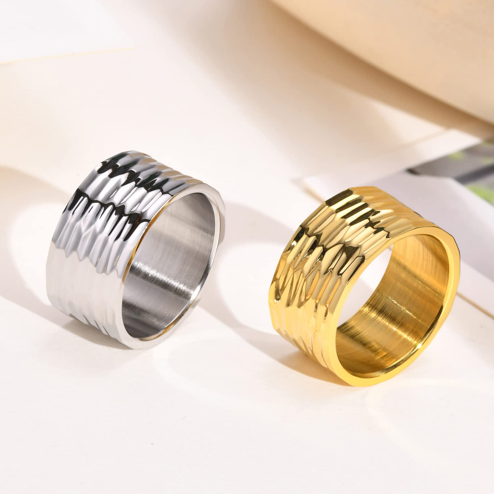 Gamtic Sliver Band Rings for Women - Stainless Steel Hammered Ring Size 9 Bright Chunky Wedding Bands 10MM Classical Simple Plain Rings for Men
