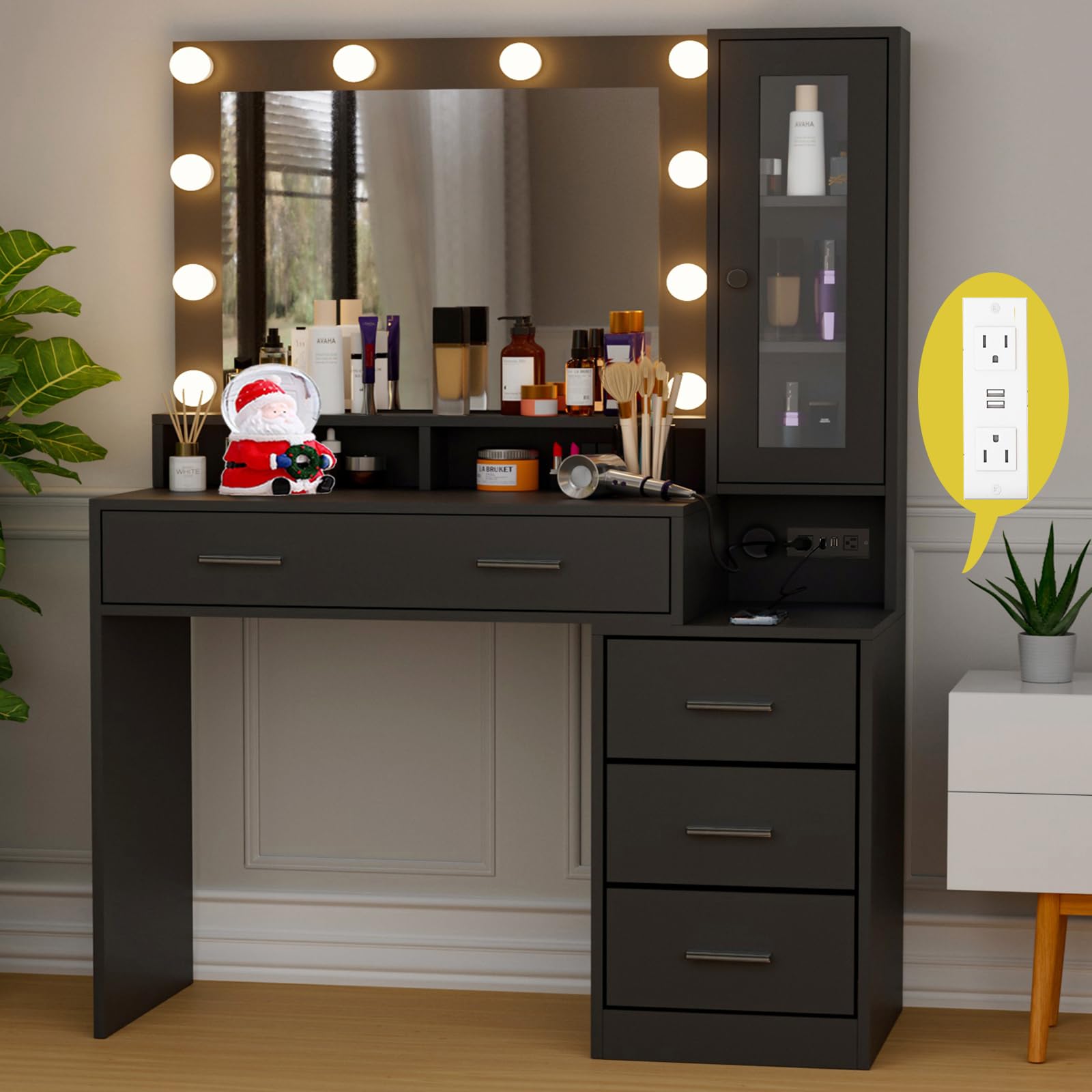 Likein Makeup Vanity Desk with Lights - Makeup Vanity with Power Strip, Vanity Desk with Mirror and Lights, Vanity Table with Mirror Drawers and Glass Door Cabinet, Black