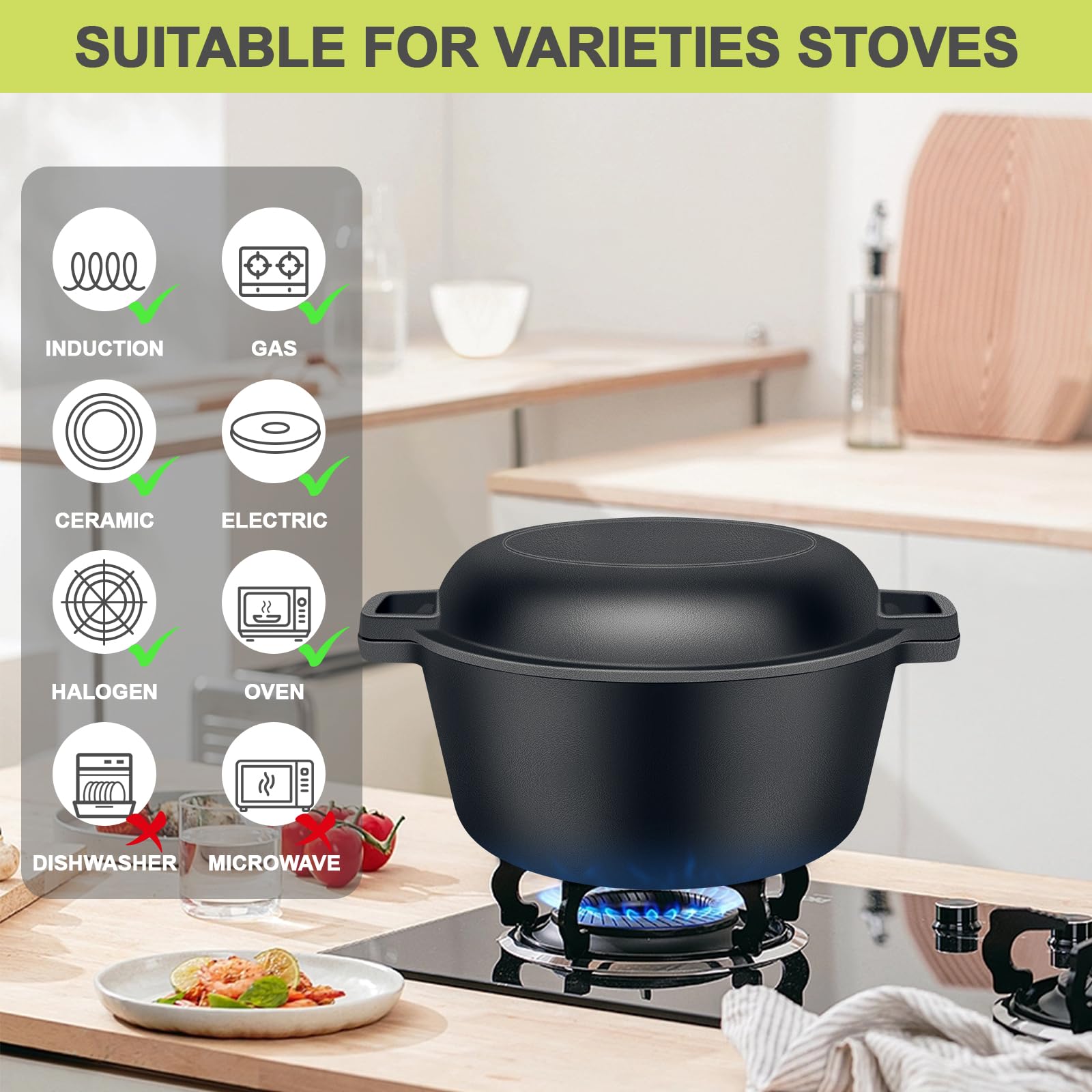 RAINBEAN 2-in-1 Pre-Seasoned Cast Iron Dutch Oven Pot with Skillet Lid Cooking Pan,5.5 QT Dual Handles Dutch Oven Pot with Lid,Heavy-Duty Non-stick Round Dutch Oven for Bread Baking, Stewing, Roasting