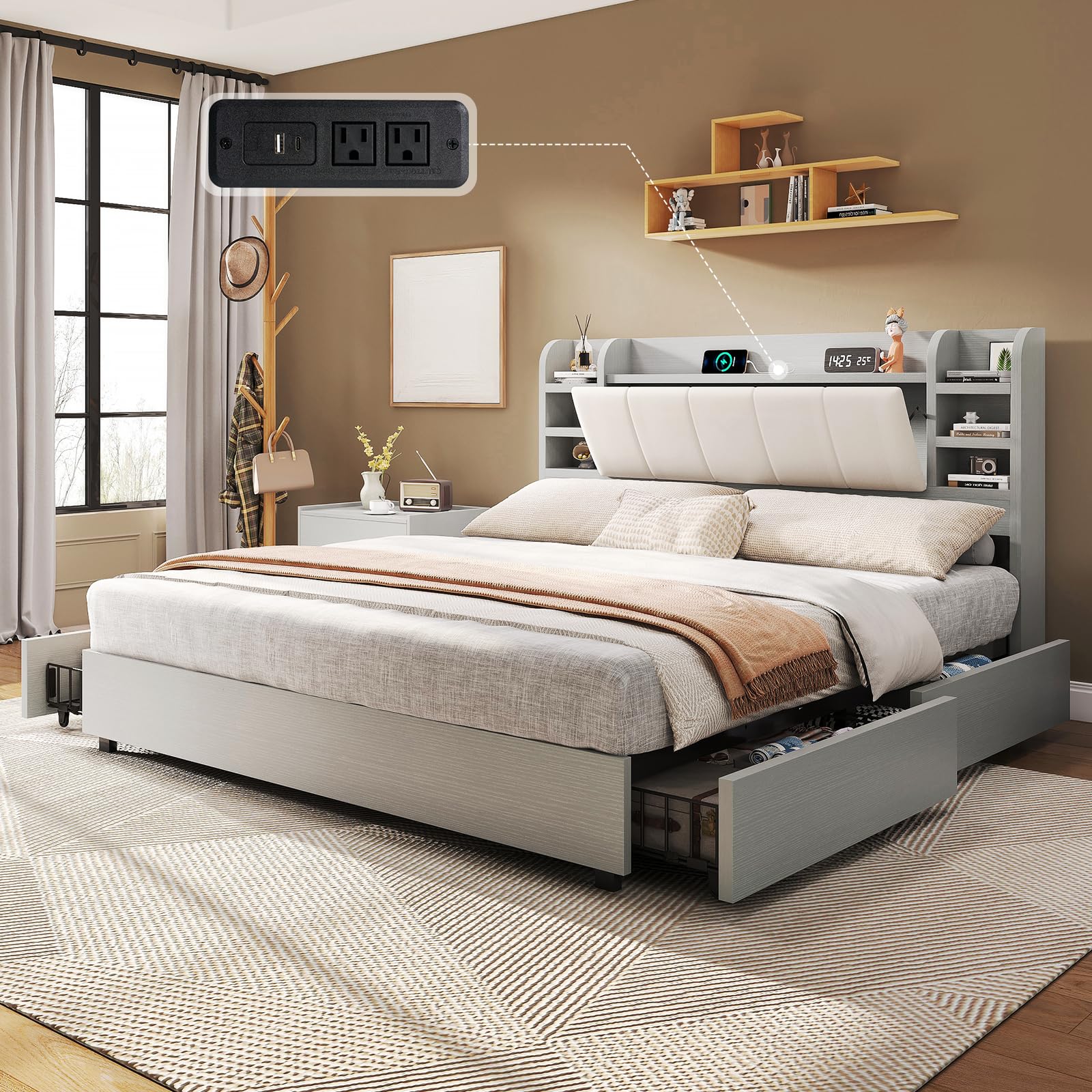 LUXOAK Queen Size Bed Frame with Headboard, Platform Bed Frame with 4 Storage Drawers & Private Storage, Bookcase Bed Frame with Charging Station, No Box Spring Needed, Noise-Free, White