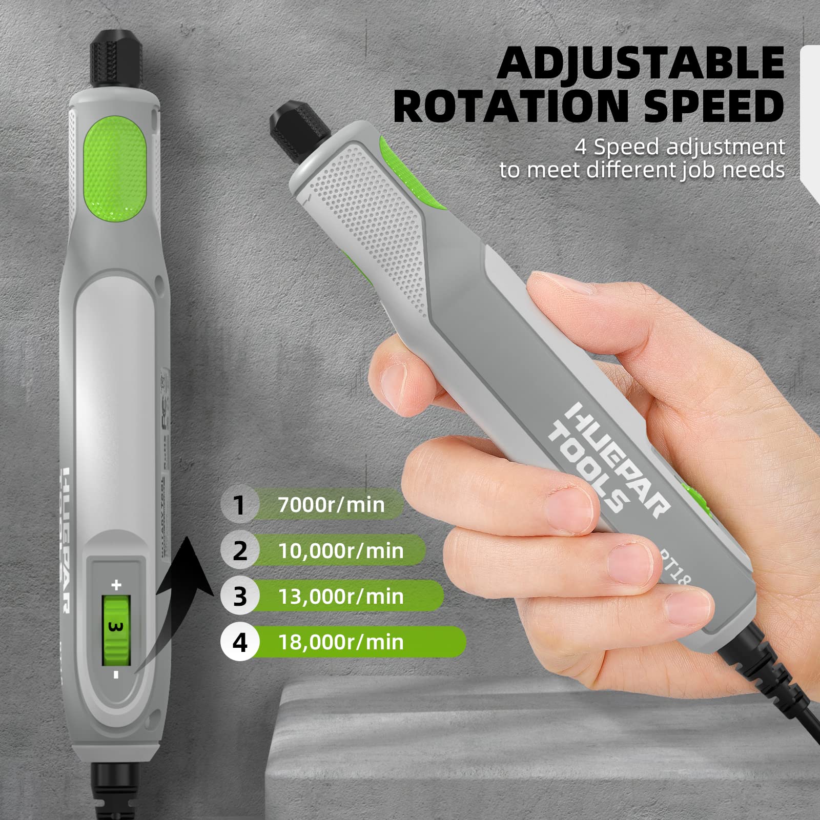 Huepar Tools Rotary Tool kit, Rotary Tool Set with Stand, 51 PCS Accessories(Keyless Chuck), 4 Variable Speed18,000RPM, Ideal for DIY, Woodwork & Hobby Craft, Dremel Compatible - RT18