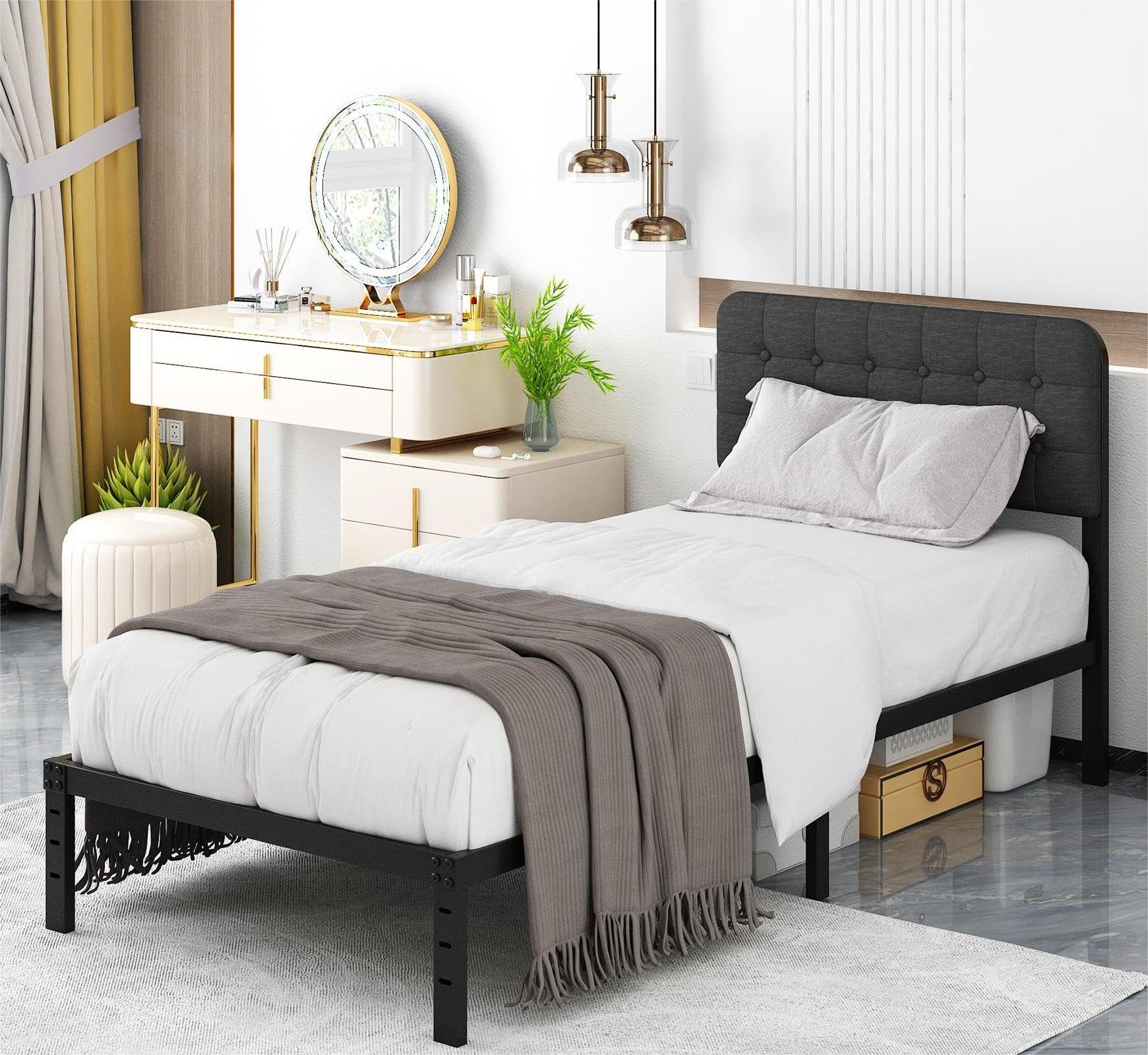 Likelalaso Twin Bed Frame with Upholstered Headboard, 12 inch Twin Metal Platform Bed Frame, Steel Slat Support, Noise Free, No Box Spring Needed, Easy Assembly, Black
