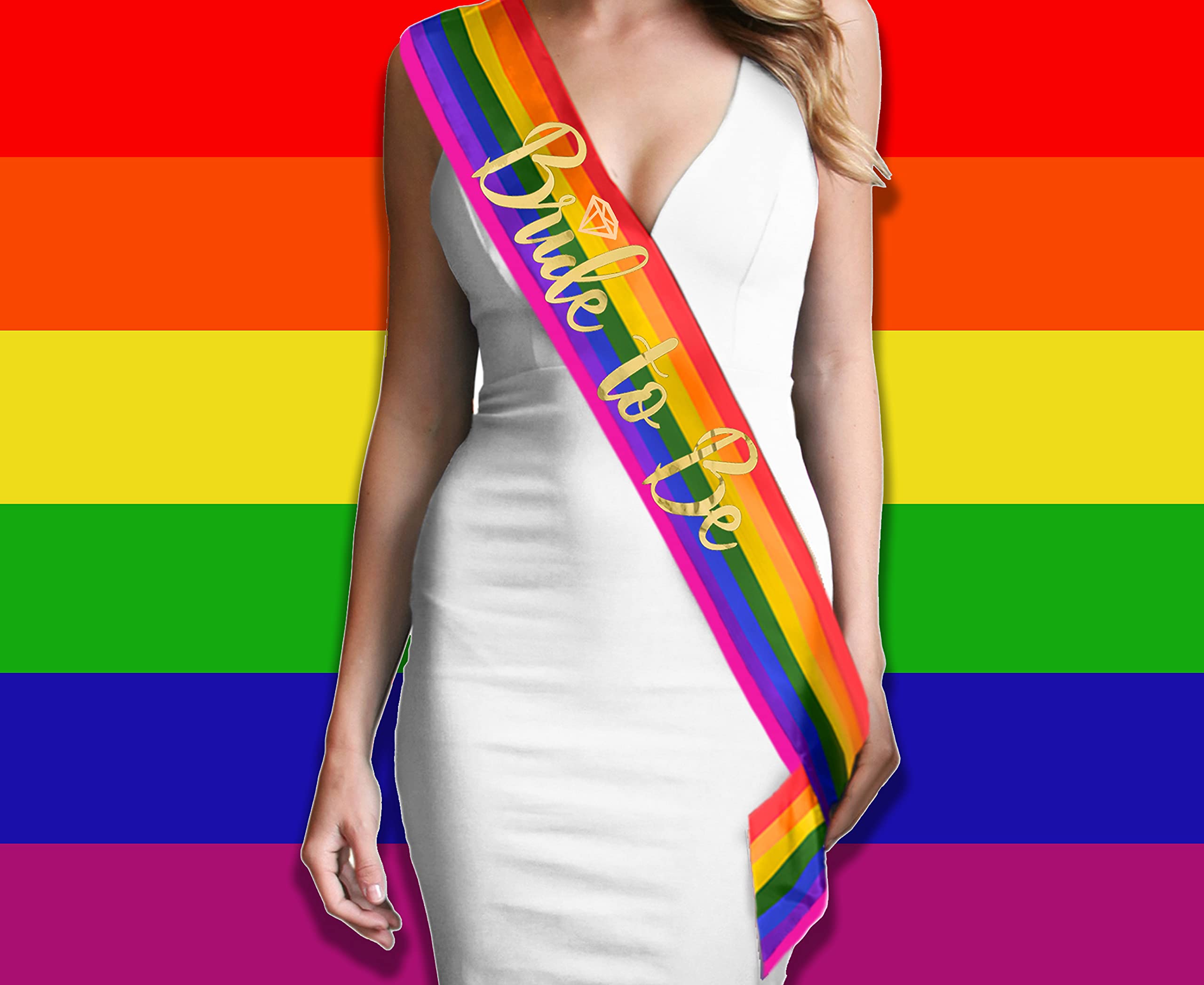 Rainbow Bride Gay Wedding Sash - Premium Bridal Grade Satin Metallic Gold Diamond Bride to Be Sash LGBTIQA+ Pride Lesbian Sash(DiaB2B Gld) RBW