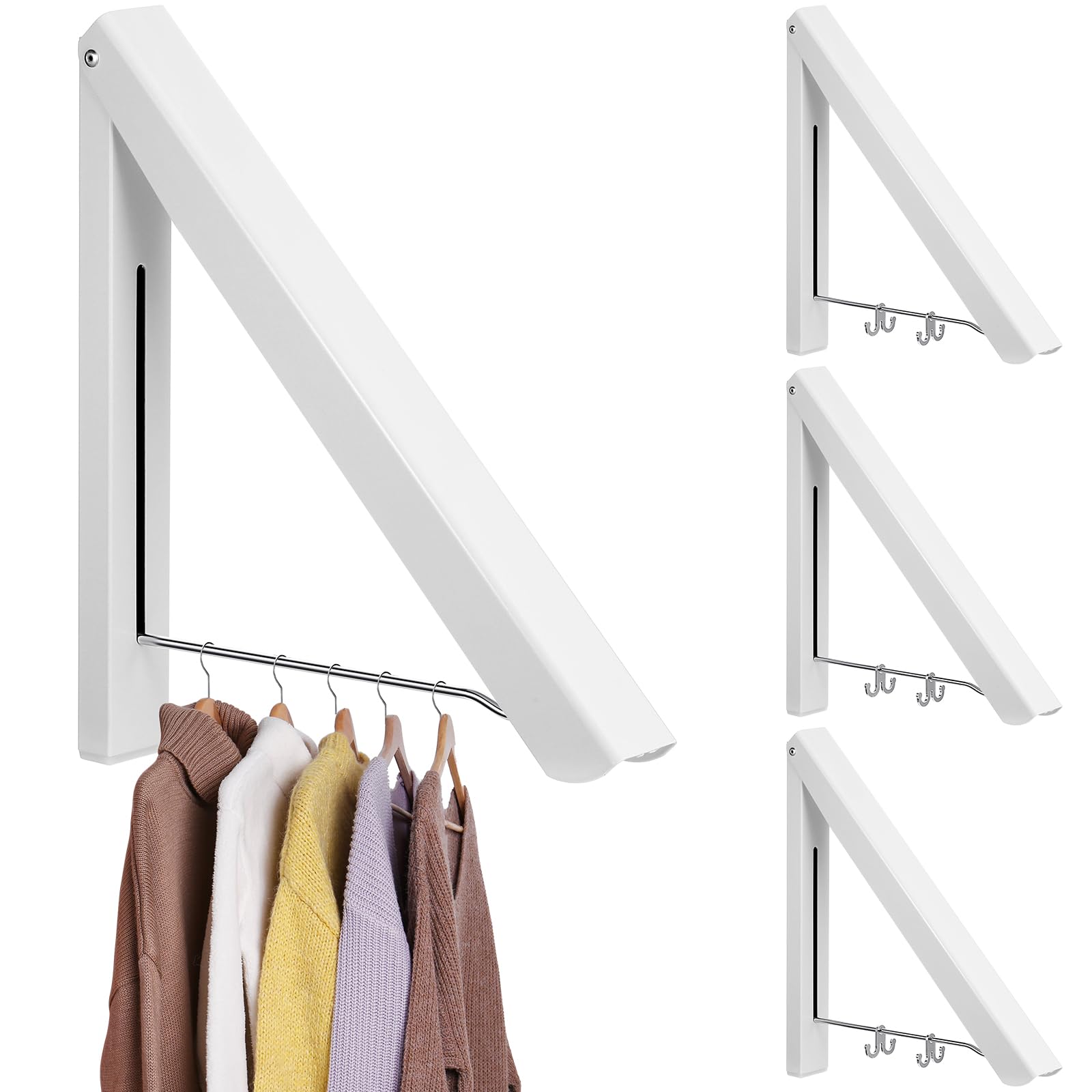 Layhit 4 Pcs Folding Clothes Drying Rack Wall Mounted Retractable Clothes Rack Aluminum Foldable Wall Hangers for Clothes Space Saving Laundry Closet Organization White Clothing Dryer Rack for Storage