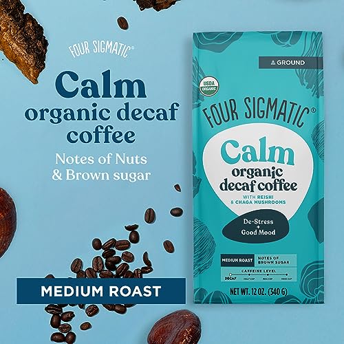 Four Sigmatic Calm Organic Decaf Ground Coffee | Swiss Water Decaf Coffee Ground | Decaffeinated Coffee with Chaga & Reishi Mushroom Extracts | Decaf Coffee for Stress Relief | 12oz Bag