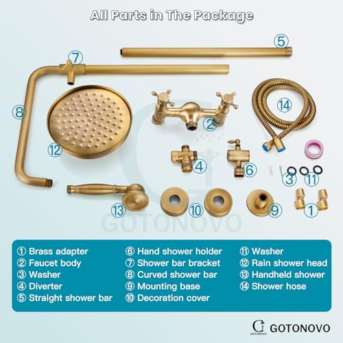 gotonovo Antique Brass Exposed Shower Fixture Set 8 Rain Shower Head 2 Double Knobs Cross Handle Shower Faucet Combo System Unit Set Dual Function