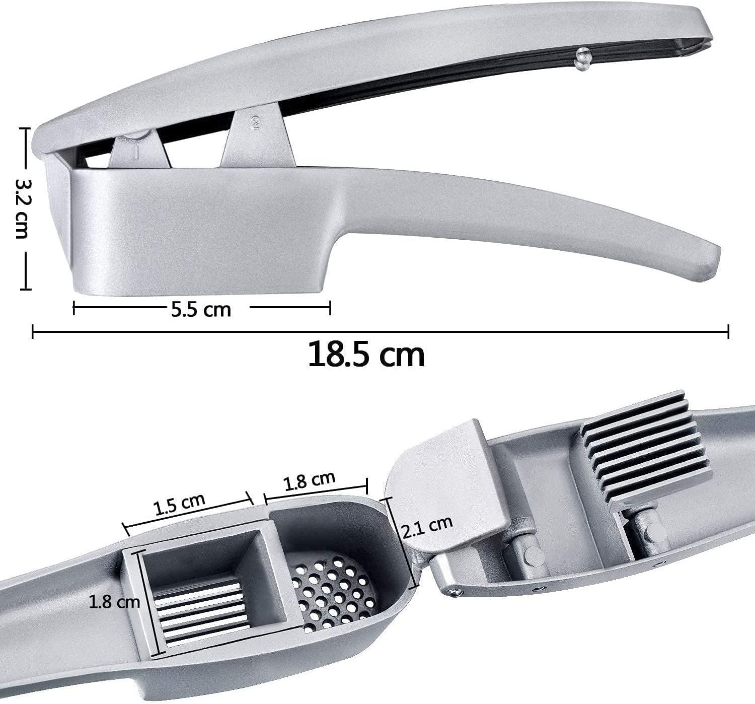 Garlic Press, 2 in 1 Garlic Mince and Garlic Slice with Garlic Cleaner Brush and Silicone Tube Peeler Set, Easy Squeeze, Rust Proof, Dishwasher Safe