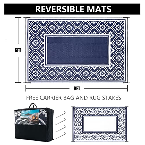 HUGEAR RV Outdoor Rug Waterproof Mat Outdoor Rugs 6'x9' for Patios Clearance Carpet Outdoor Camping Rugs Large Plastic Straw Rug (Lantern Navy Blue&White)