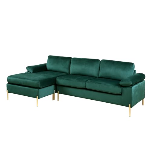 Devion Furniture 101" W Modern Design Velvet Sectional Sofa with Spacious Chaise, Cushioned Arms & Metal Legs in Green & Gold Finish