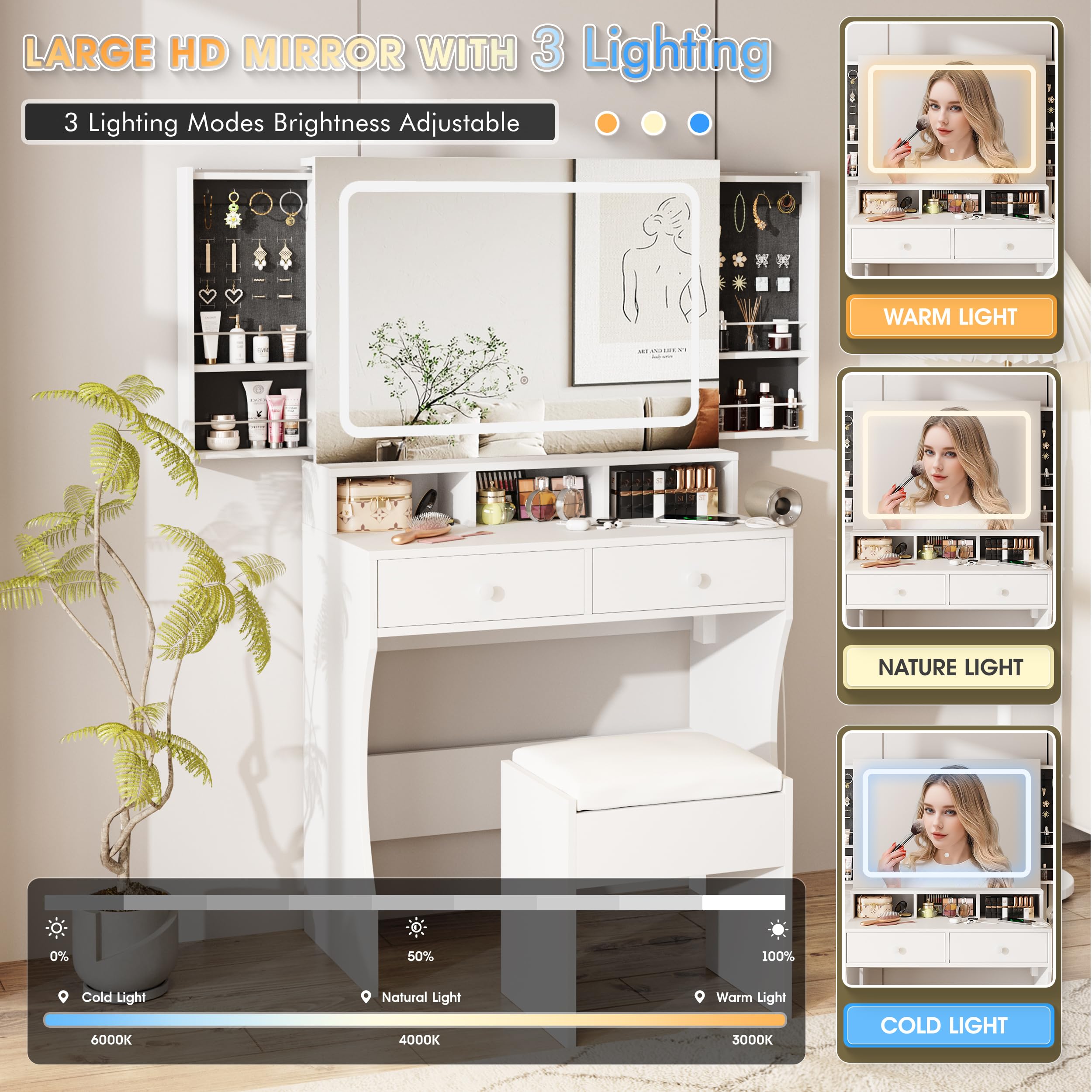 Makeup Desk with Mirror and Lights, White Dressing with Charging Station & Chair, Vanity Desk with Sliding Jewelry Storage Shelves&3 Lighting Modes, Vanity with 2 Large Drawers,Vanity for Women&Girls