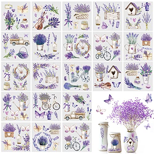 Honoson 20 Sheets Lavender Iron on Transfers for Crafts Flower Heat Transfer Stickers Vintage Purple Floral Iron on Decals Patches Lavender Iron on Sticker for Home Furniture DIY Paper Wood (Lavender)