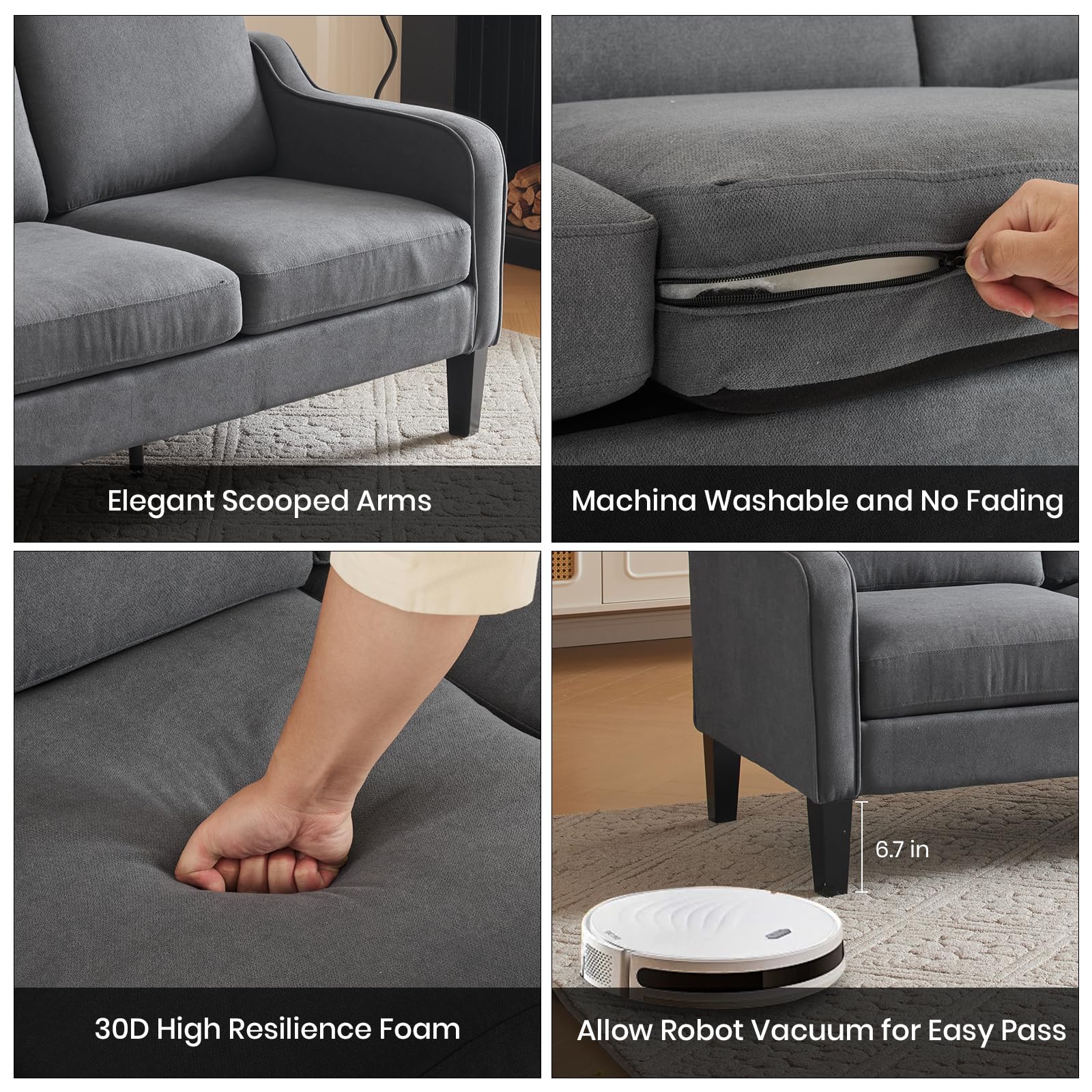 Luxury 72" Comfy Sofa Couch with Spring Cushion,Comfy Upholstered 3 Seater Sofa, Love-Seat Sofas & Couches with Deep Seat And Ultra Thick Cushion,Compact Small Couch for Bedroom Apartment Office,Grey