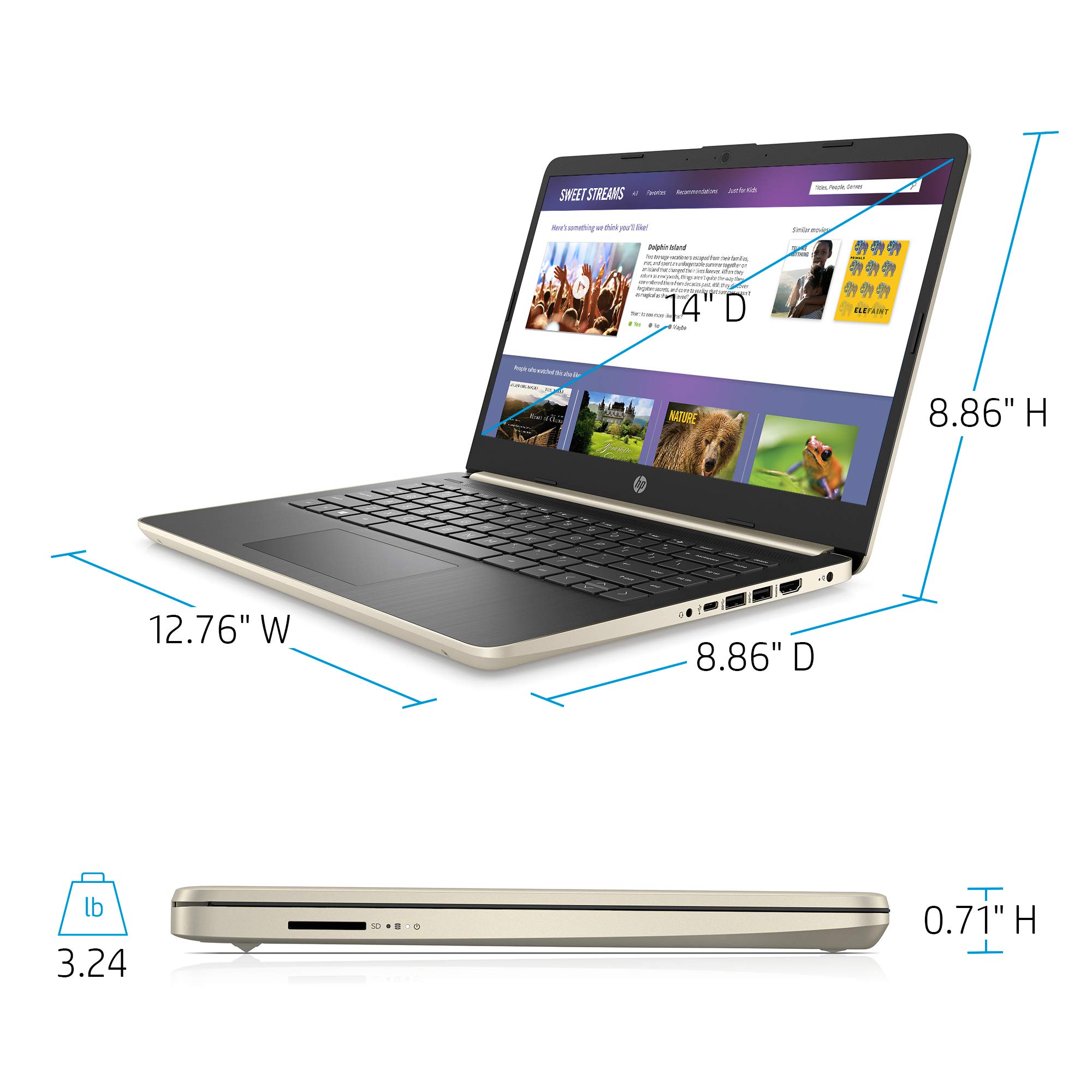 HP 2022 14'' HD Home and Business Laptop PC Intel 10th Gen 2-Core i3-1005G1 32GB DDR4 RAM 1TB M.2 SSD Intel UHD Graphics WiFi AC BT USB-C HDMI RJ45 Webcam Gold Windows 11 Pro w/Accessories