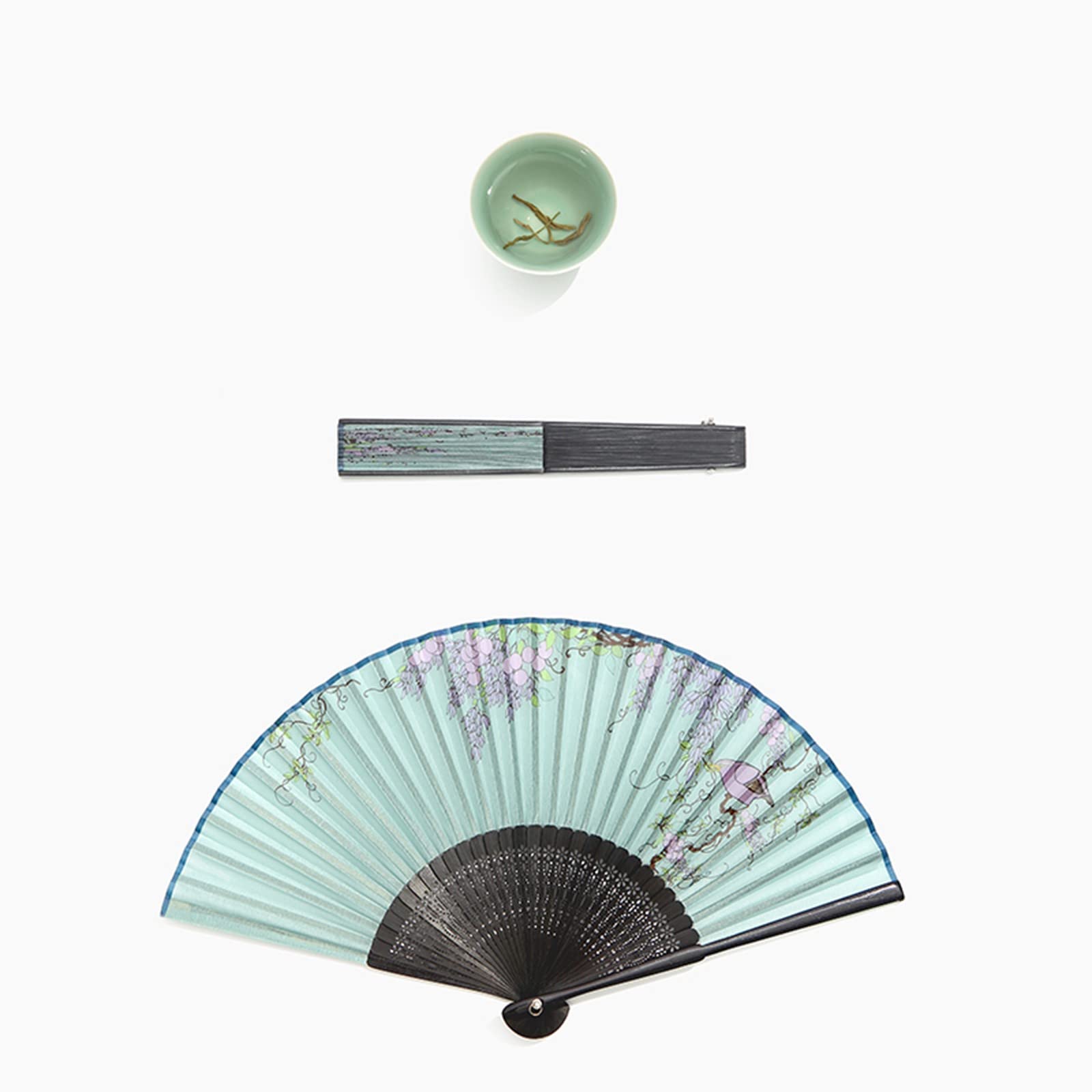 ERTUO Hand Folding Fan Bamboo Handheld Folding Fan Chinese Gift Hanfu Cheongsam Matching (Wisteria Flowers and Birds)
