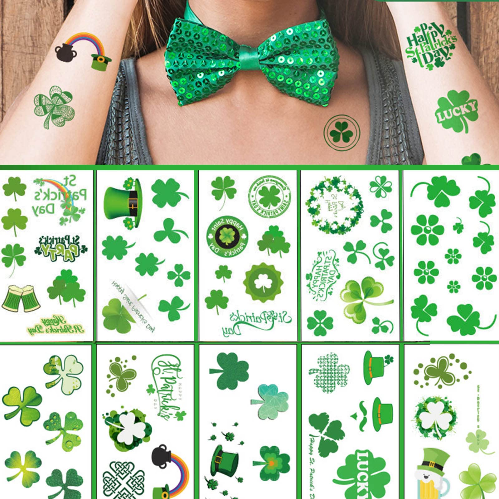 kids waterproof St. Patrick's Day Temporary Tattoos, Green Shamrock Clover Hat Irish Temporary Tattoo Parade Party Favors Decorations, 20 Sheet