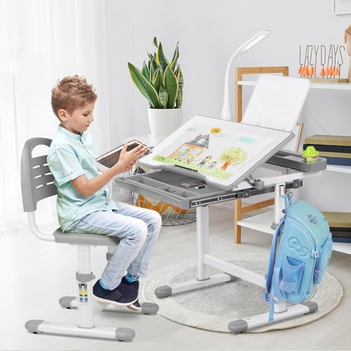 MAMIZO Kids Desk and Chair Set, Children School Study Desk Set with 40 Degree Tilt-able Desktop, Multi-Func Height Adjustable Table and Chair w/LED Light, Pull Out Drawer, Book Stand, Hook (Grey)
