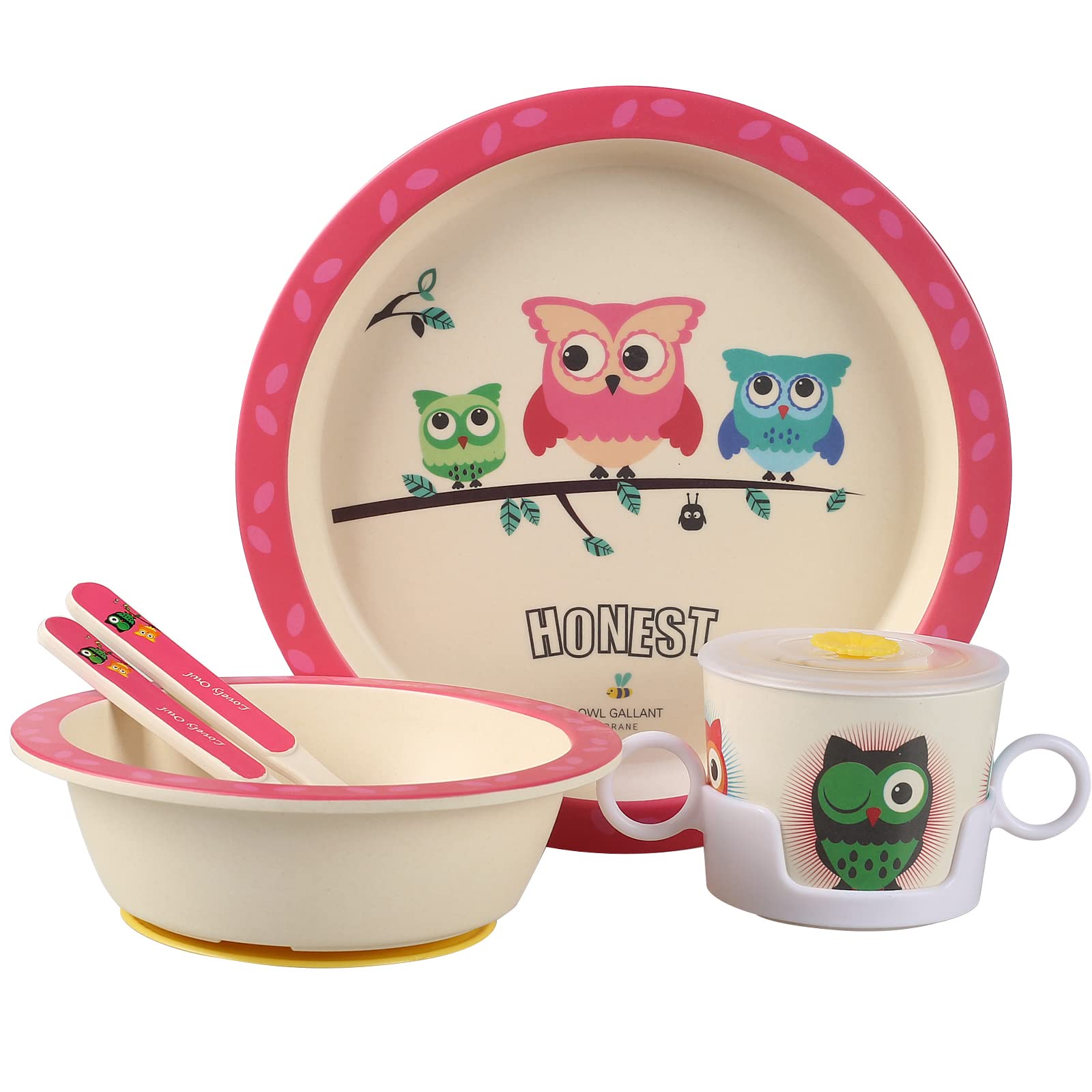 Greentainer 5 PC Kids Toddler Dinnerware Sets Bamboo Toddlers Dishes Set Kids Feeding Plates and Bowls Sets with Sunction and Utensil Flatware Durable & BPA Free