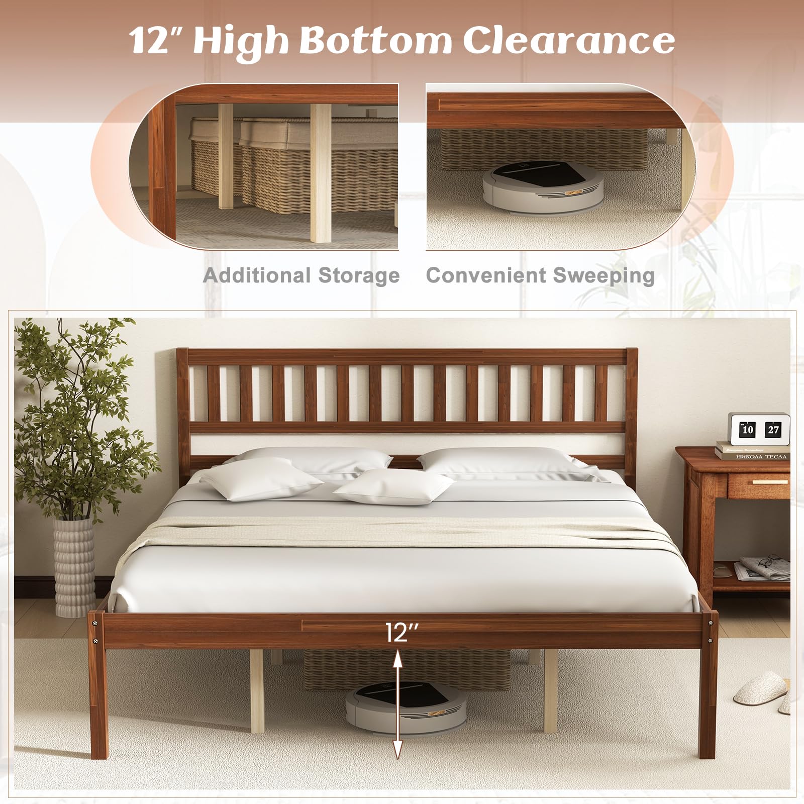 KOMFOTT Queen Size Wood Platform Bed Frame with Headboard, 16-Inch Mid-Century Wooden Bed Frame with Slats Support & 12β Under Bed Storage Space, Retro Mattress Foundation, No Box Spring Needed