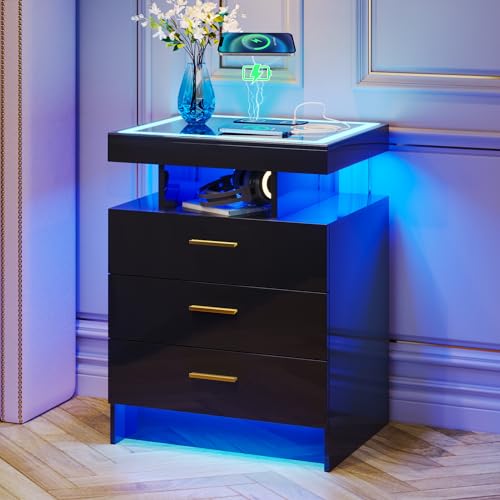 Lvifur 2 Set Nightstands with Wireless Charging Station, Auto Sensor 3 Color Dimmable LED Night Stand, Modern Bedside Table with 3 Drawers & 3 Open Compartments (2 x Black)