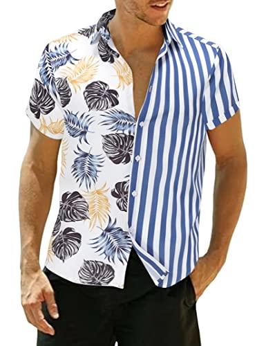 EliteSpirit Hawaiian Shirts for Mens Beach Shirts Casual Button Down Shirts Short Sleeve Striped Floral Print Blue Striped L
