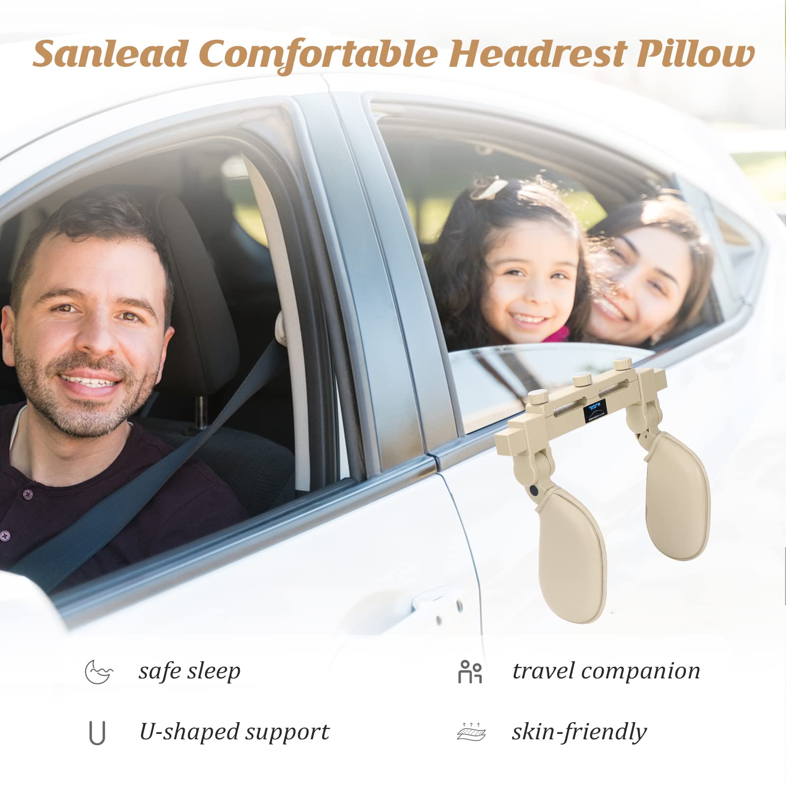 SanLead Car Headrest Pillow Beige, Adjustable Car Seat Head Neck Support, Memory Foam Road Pal Headrest, U Shaped Kids Car Sleeping Pillow for Travel