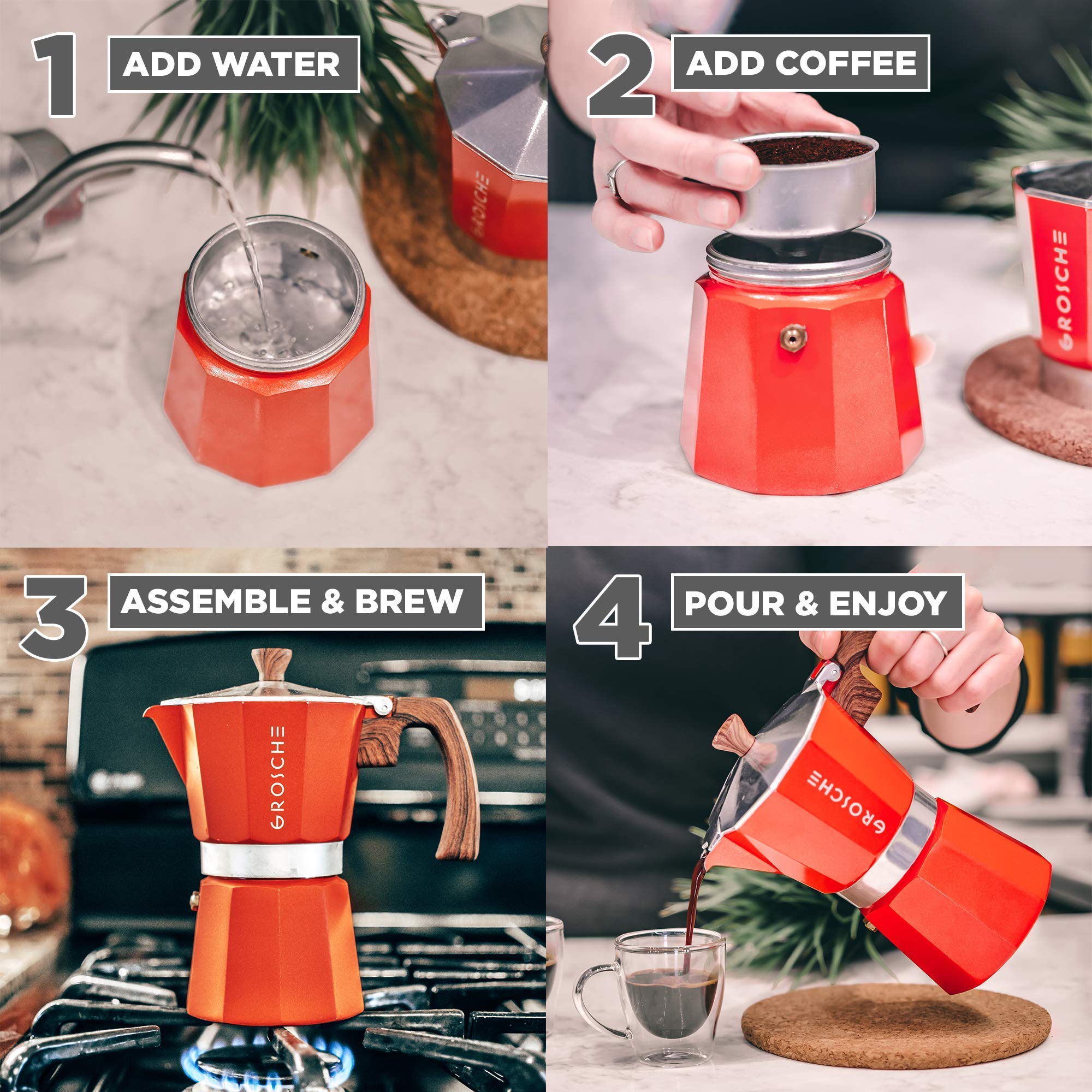 GROSCHE Milano Stove top espresso maker (3 espresso cup size 5 oz) Red, and battery operated milk frother bundle for lattes