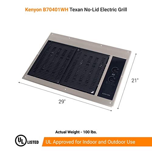 Kenyon Texan No-Lid Electric Grill, Stainless Steel Grill With Two Burners And Non-Stick Coating, Quick Heat Up, Standard Lite-Touch Control, UL-Approved For Indoor And Outdoor Use, 240V