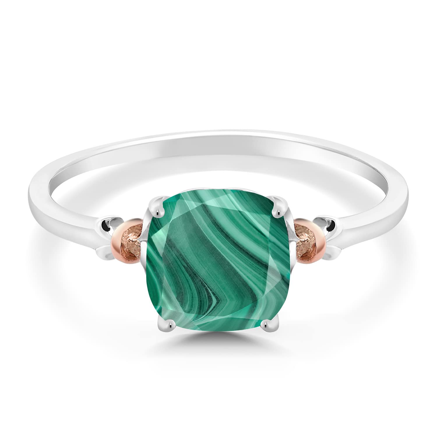 Gem Stone King 925 Silver and 10K Rose Gold Green Malachite Women Ring (3.00 Cttw, Cushion 8MM, Available In Size 5, 6, 7, 8, 9)