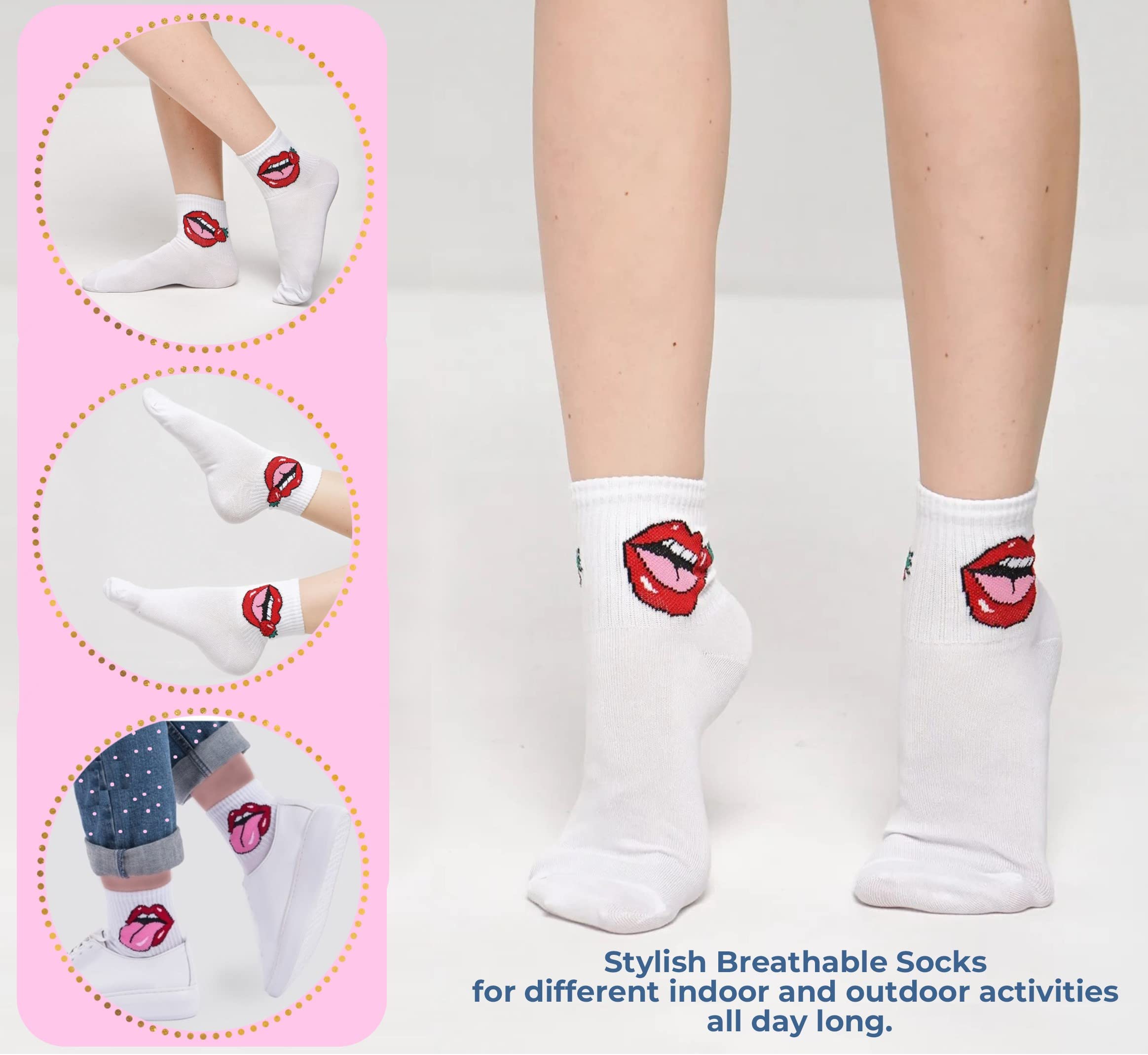 ESOMOON 5 pairs Socks with Lips Mid Calf White Cotton Socks High Ankle Lightweight Breathable Red Kiss Socks Size 6-9