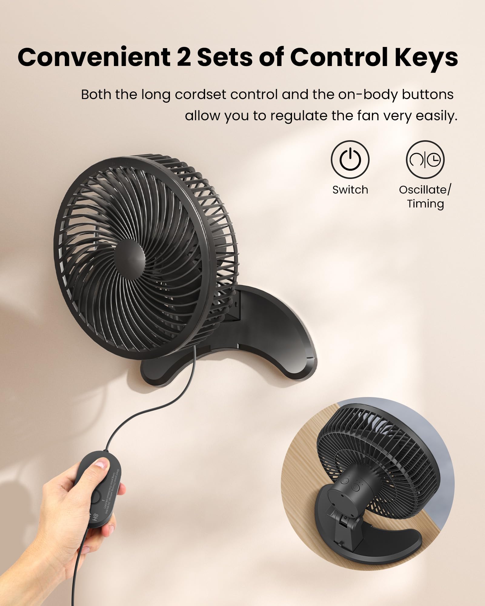Koonie 8'' Wall Mount Fan, Quiet Small Wall Fan with Timer, 8.2ft Wired Remote, 80° Oscillation, 100° Adjustable, 3 Speeds High Velocity for RV Bedroom Kitchen Office Garage(Adapter Included)
