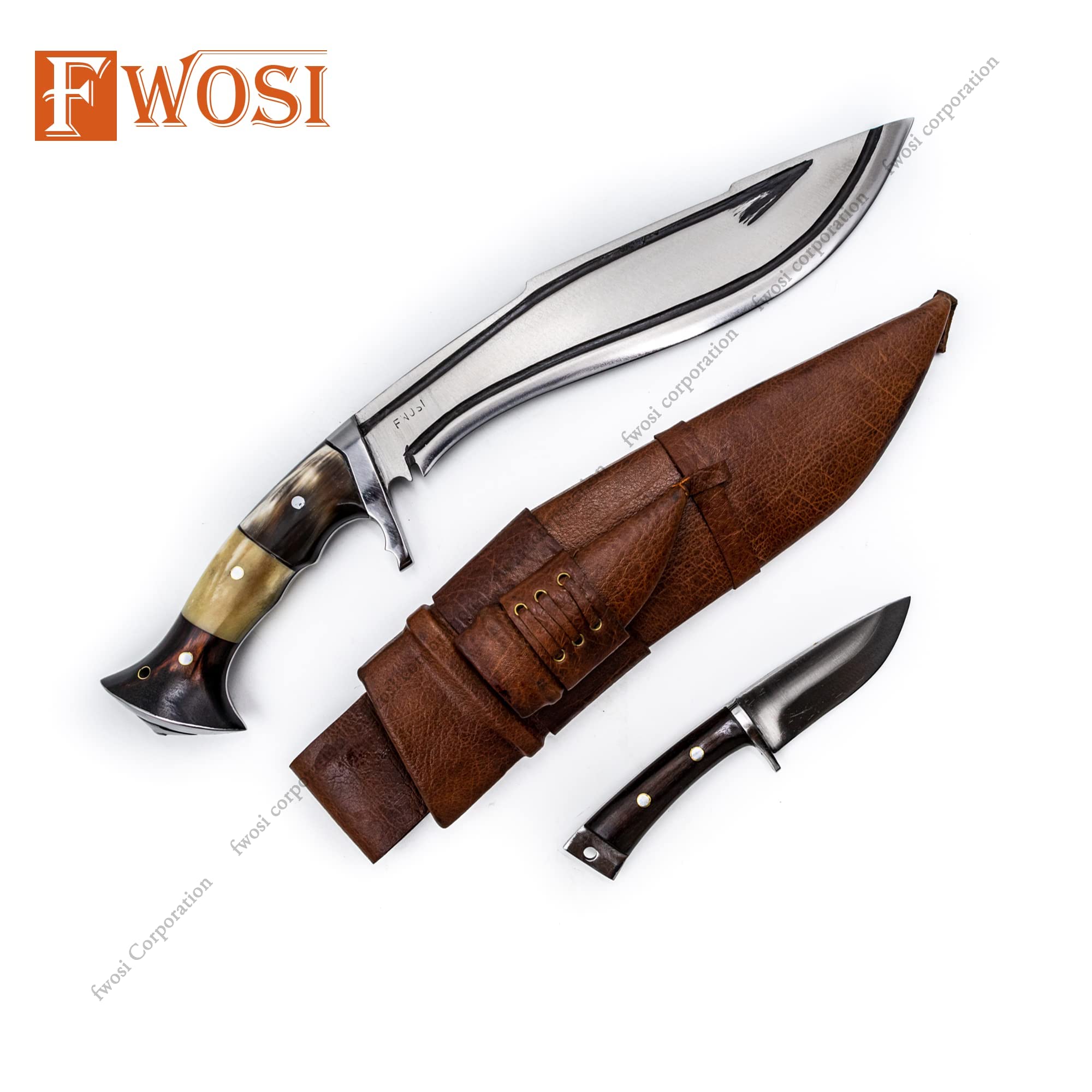 Fwosi Kukri Knife- 13-Inch Sharp Fixed Blade High Carbon Steel Knife With Brown Leather Sheath and Bone & Wood Handle, Nepal Handmade Hunting Knife