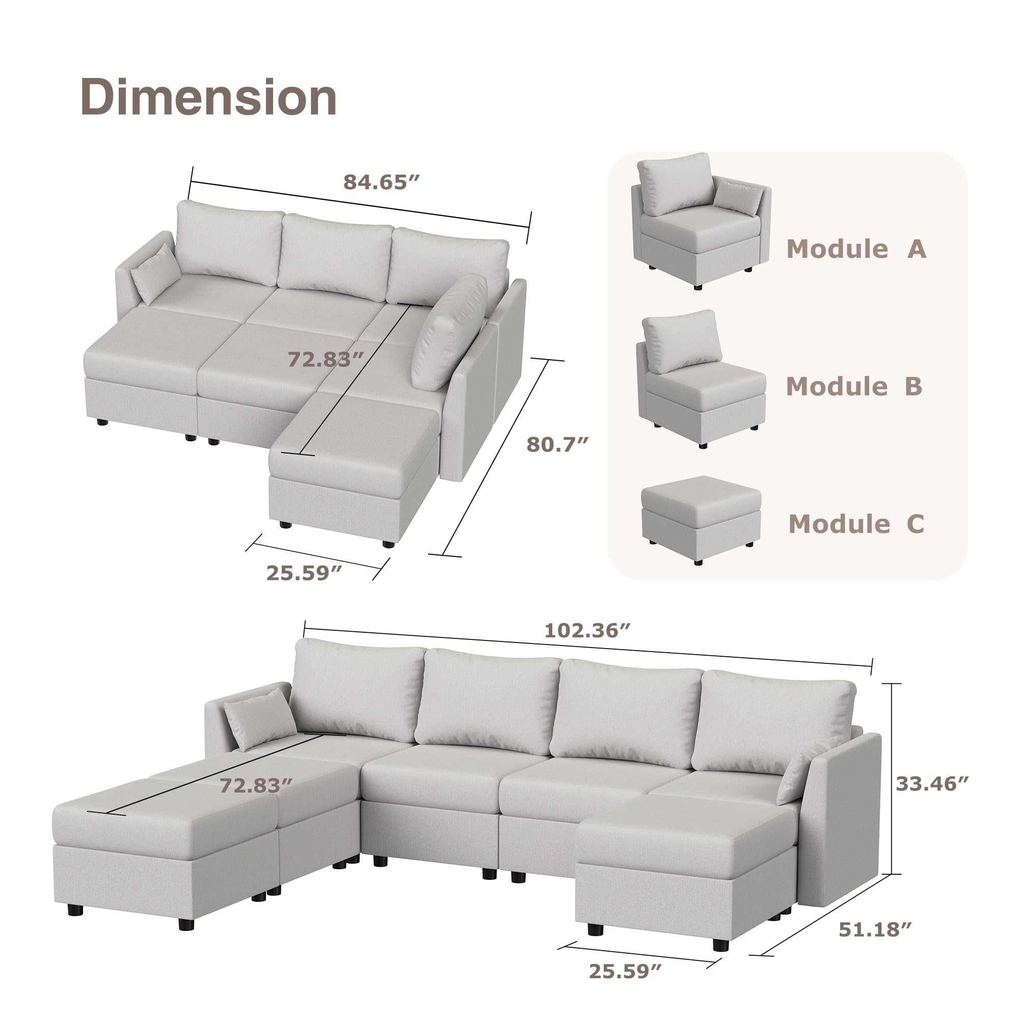 Mangodan Modular Sectional Sofa with Storage, Convertible 7 Seat Sectional Couches for Living Room, U Shaped Sectional Sofa with Chaise, Comfy Sectional Sleeper Sofa, High Supportive Sponge-Beige