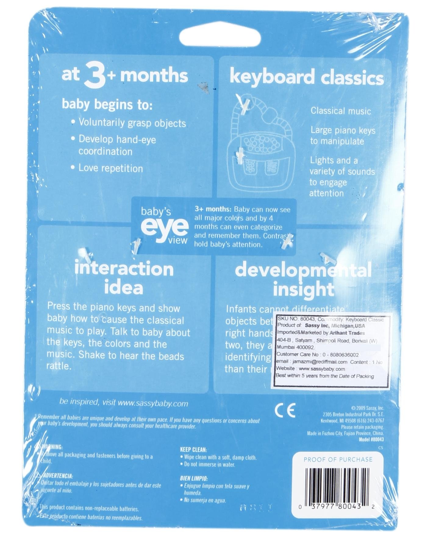 Sassy Keyboard Classics Developmental Toy โ 3+ Months Baby-Sized Piano with a Handle for Music On The Go- Batteries Included