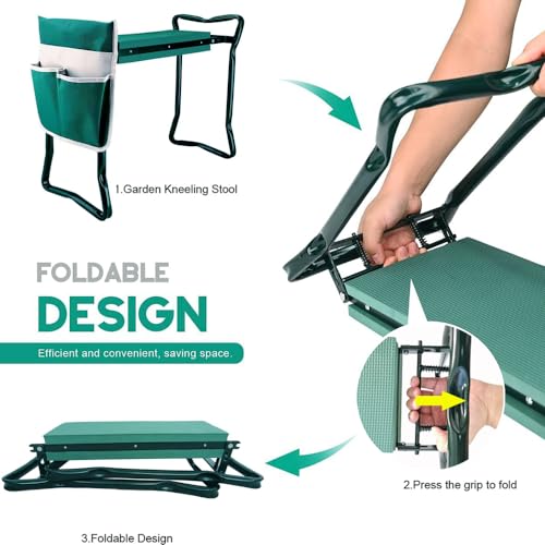 Garden Kneeler and Seat,with 2 Tool Bags Pouches and Claw Gloves,Portable Lightweight Garden Bench Thicken EVA Foam Pad Sturdy Steel Pipe Practical Garden Tools(Green)