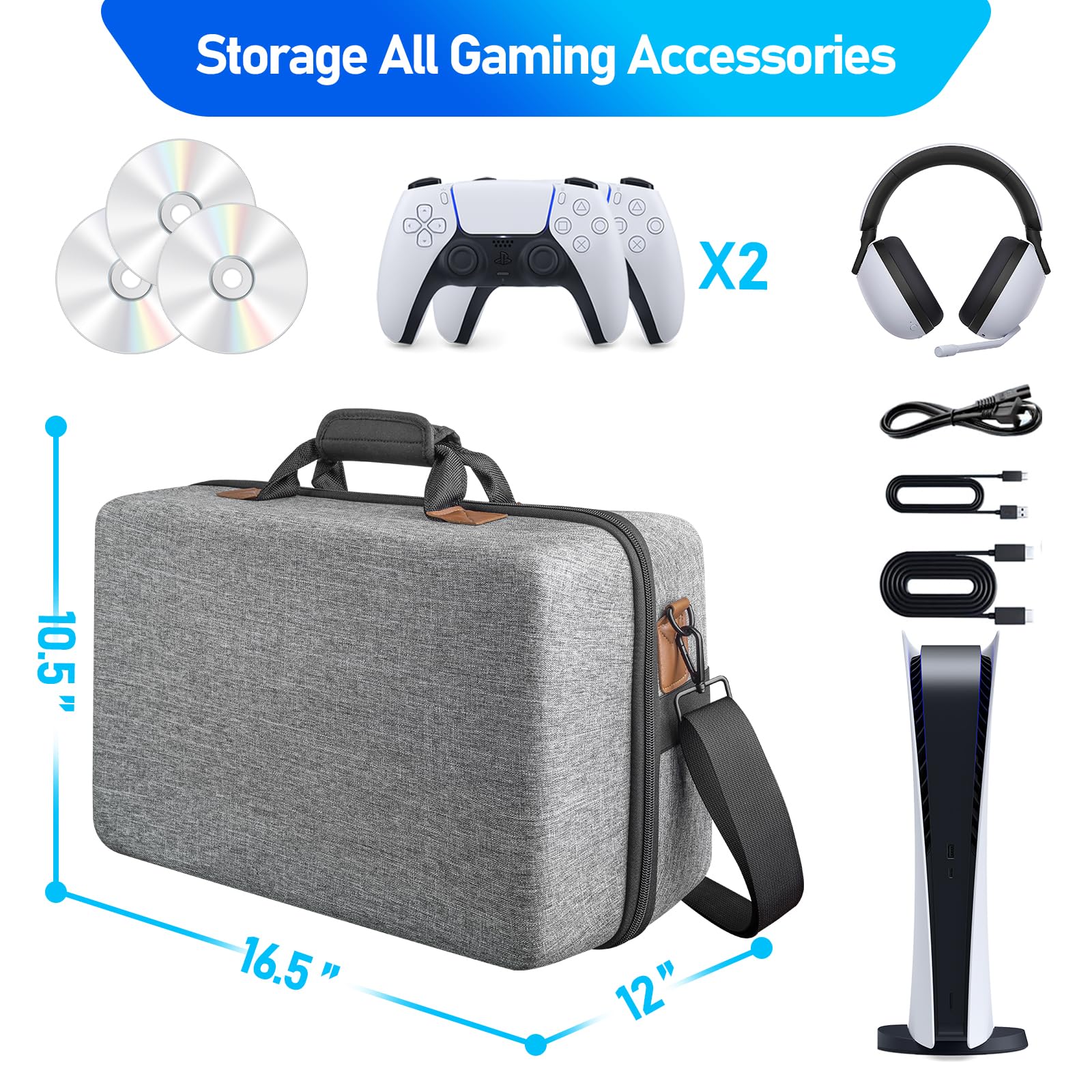 ELLESTAZ Hard Shell Carrying Case for PS5, Protective Travel Carry Case Fits Playstation 5 Console Controller, Carrying Case Travel Bag Storage for PS5 Disk Digital Edition, Headset, Games,Accessories