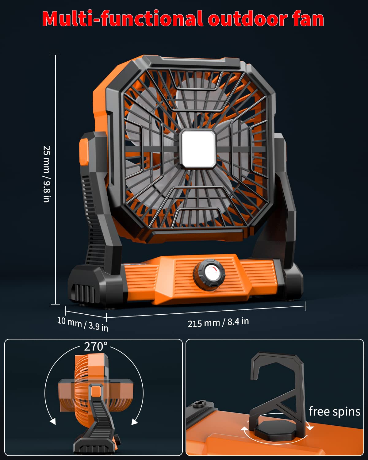 GIPAOE Personal Fan Camping rechargeable, 20000mAh Battery powered fan with LED Lantern,270°Head Rotation, Small Table/USB Desk Fan Portable with Hanging Hook for Travel Camping Tent Office, Orange