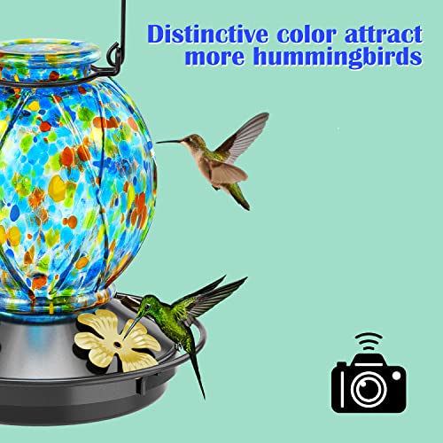 Hummingbird Feeder, Glass Hummingbird Feeder for Outdoors, Vibrant Colors Attract Hummingbirds, 18 Ounces, Netted Texture Ball Shape Bottle